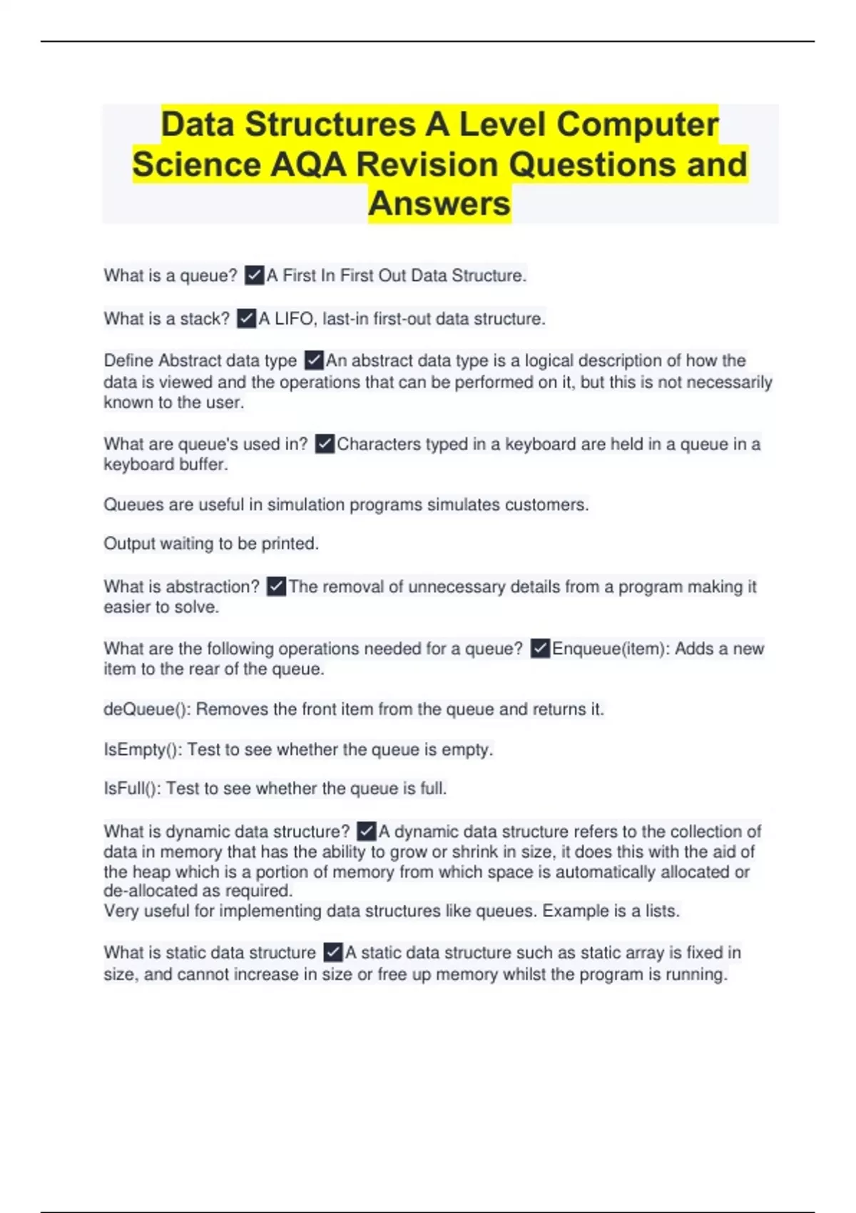 Data Structures A Level Computer Science AQA Revision Questions and Answers - A Level Computer ...