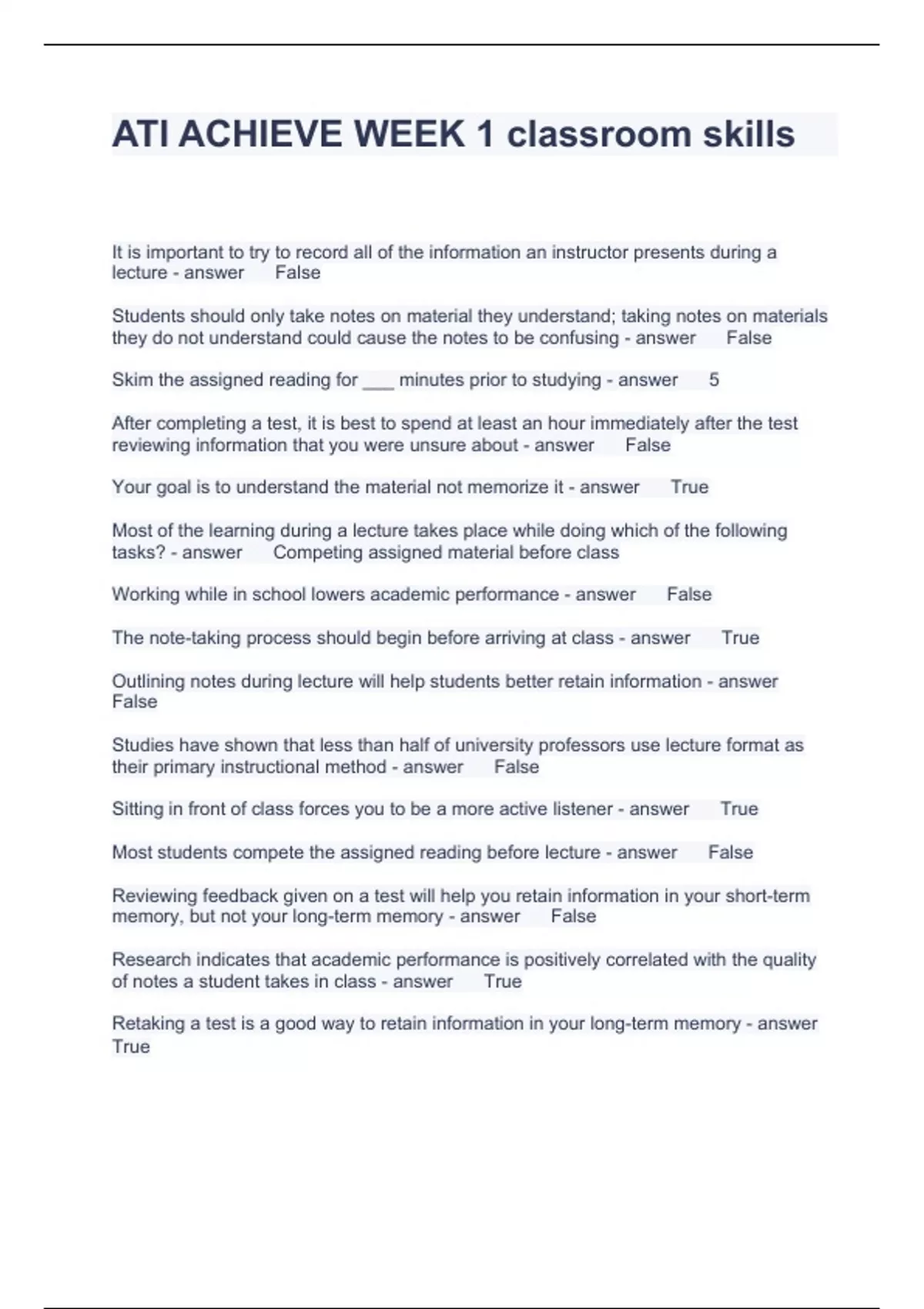 ATI ACHIEVE WEEK 1 classroom skills Questions with correct Answers ...