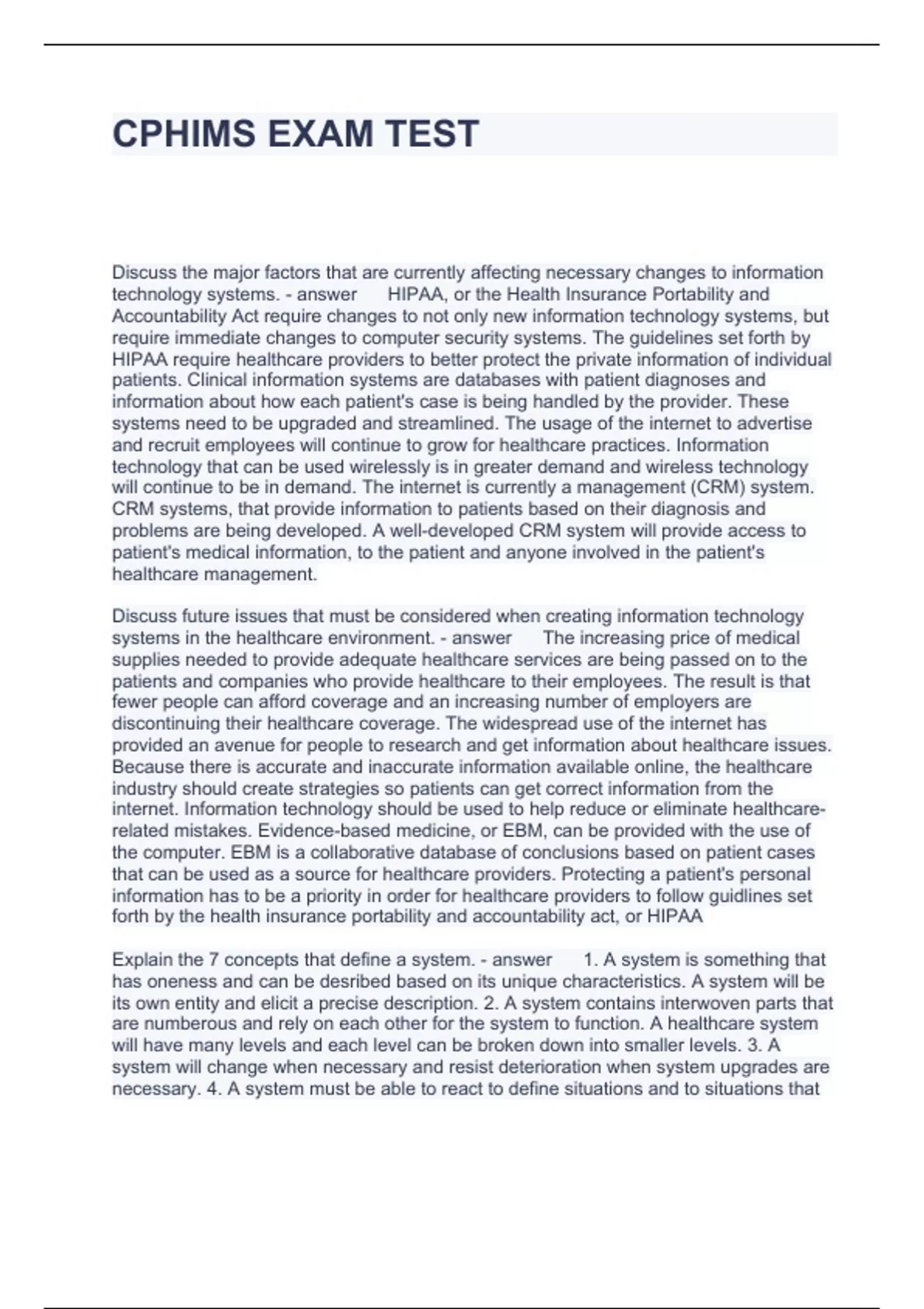 CPHIMS EXAM TEST QUESTIONS WITH CORRECT ANSWERS 2024 - Cphims - Stuvia US