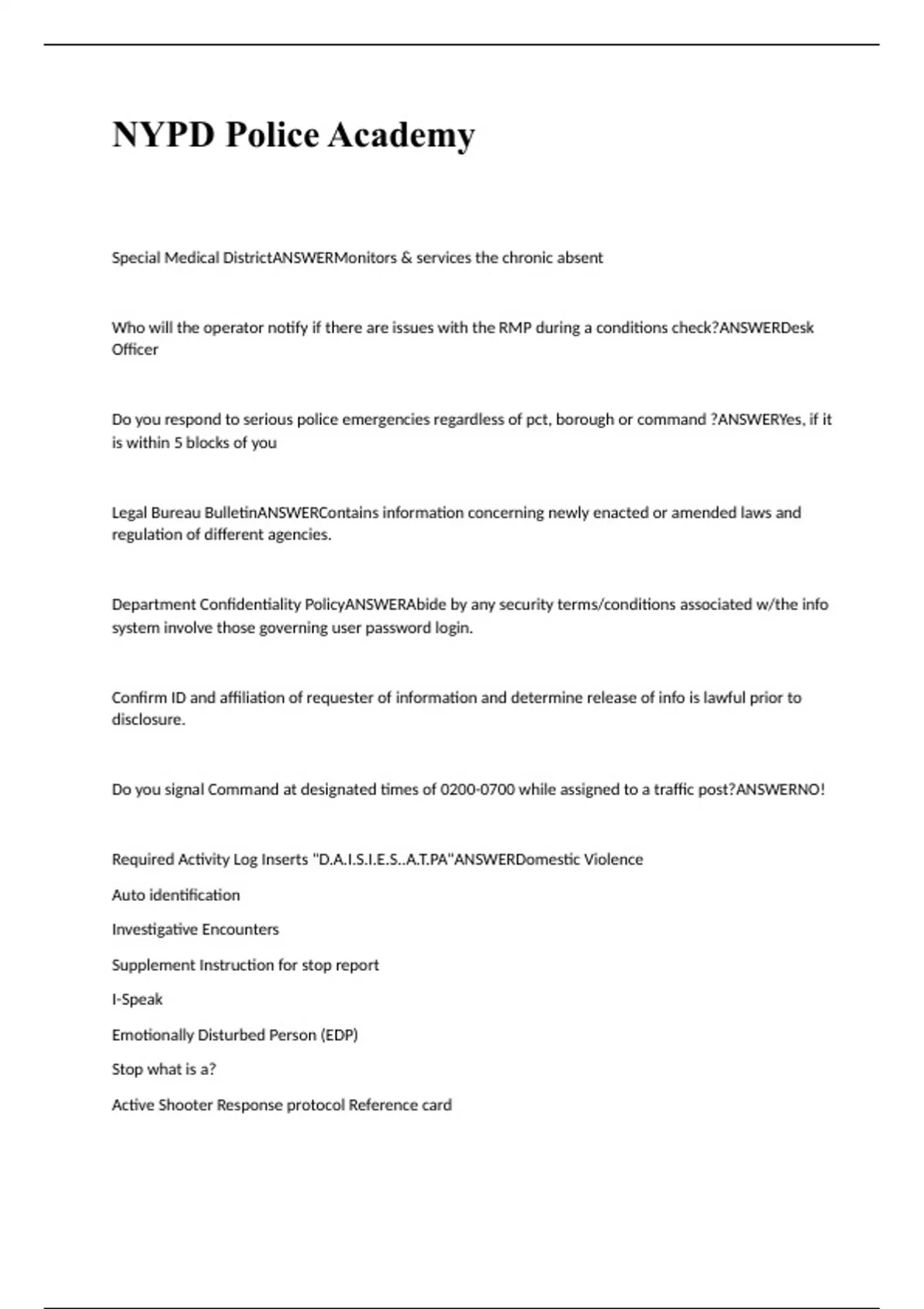 NYPD Police Academy Questions and Answers 2024 - NYPD Police Academy ...