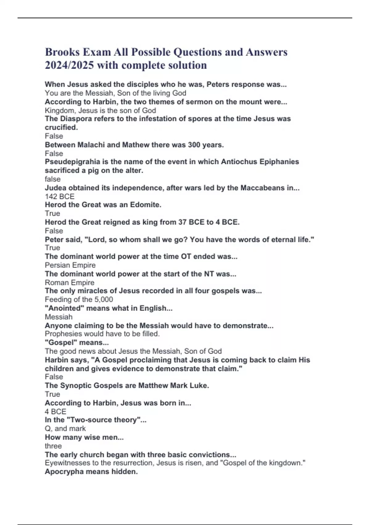 Brooks Exam All Possible Questions and Answers 2024/2025 with complete ...