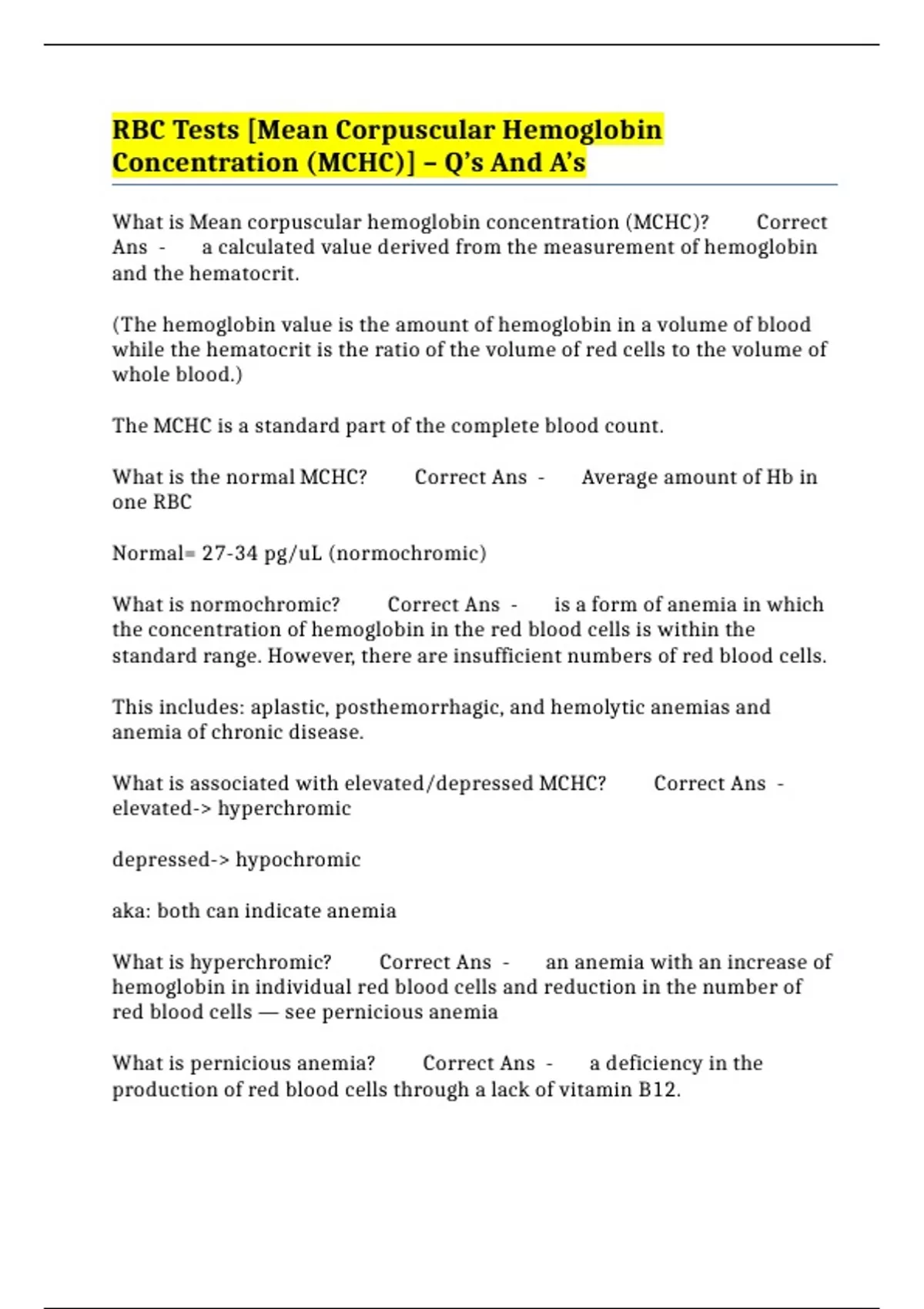 RBC Tests [Mean Corpuscular Hemoglobin Concentration (MCHC)] – Q’s And ...