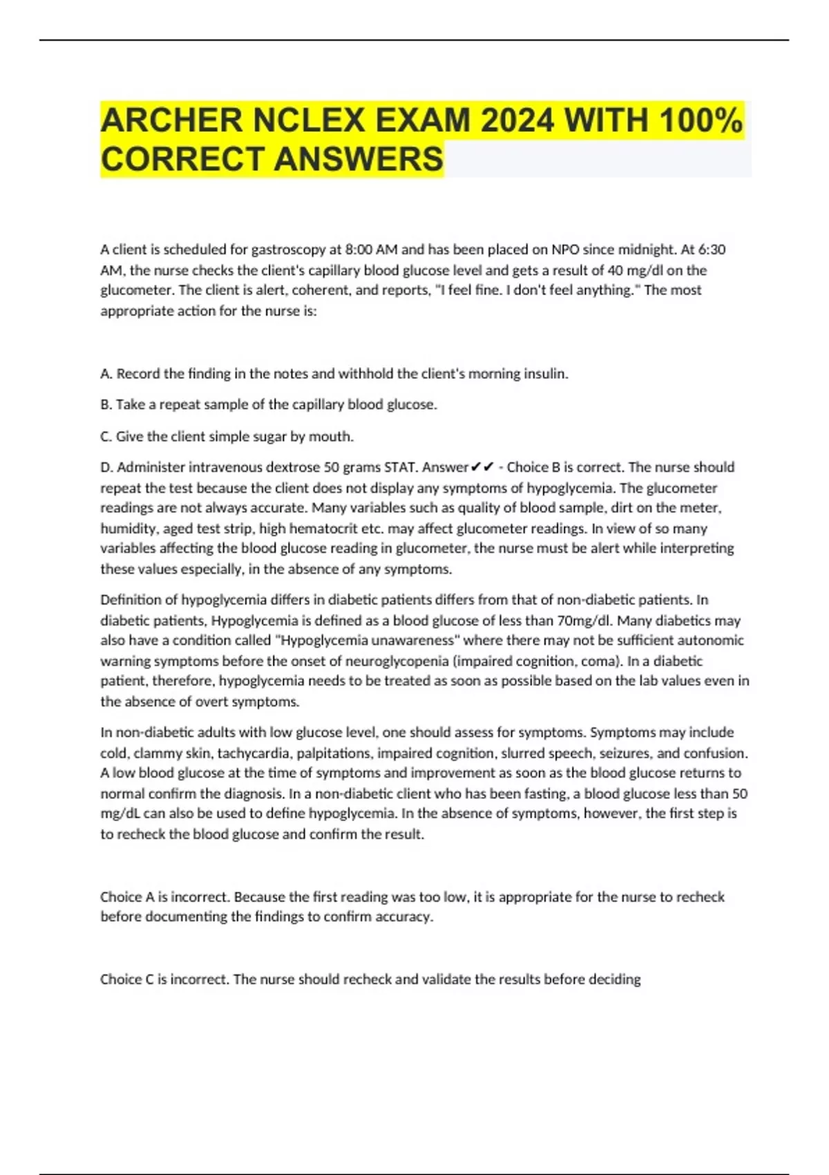 ARCHER NCLEX EXAM 2024 WITH 100% CORRECT ANSWERS - ARCHER NCLEX - Stuvia US