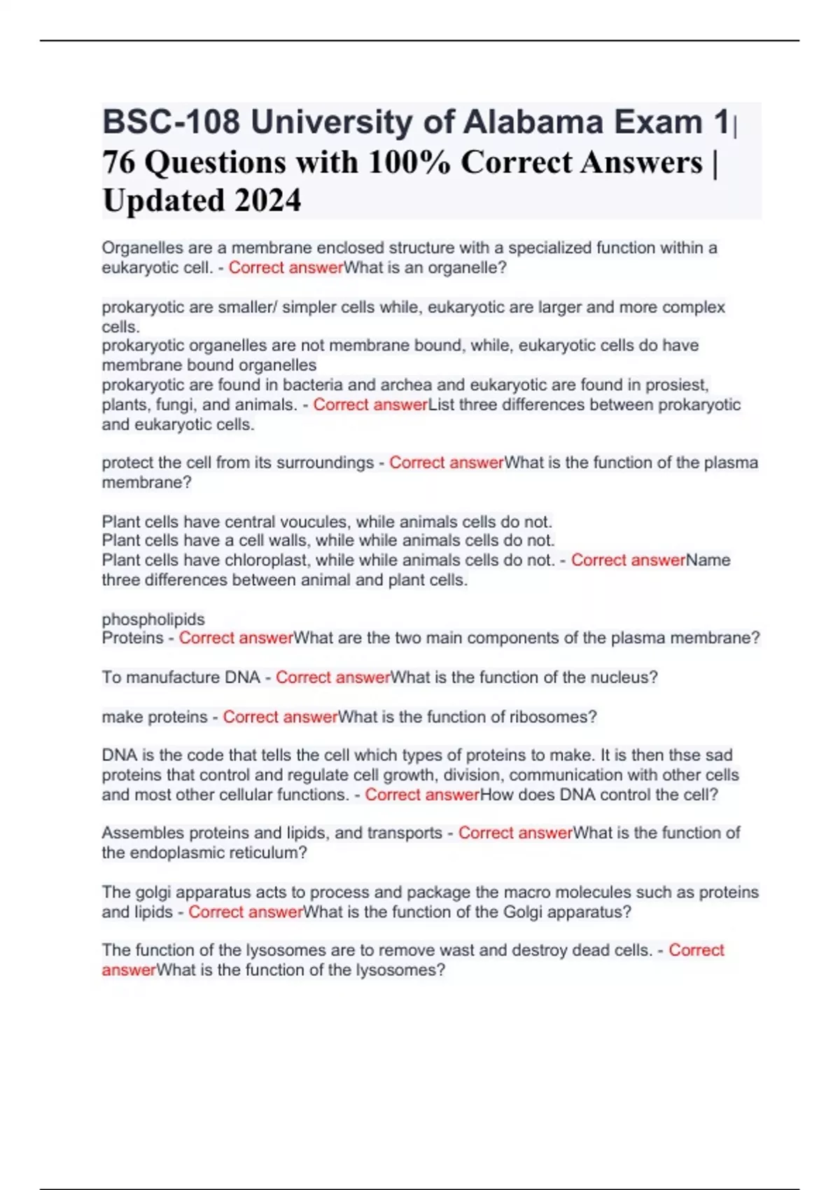 BSC-108 University of Alabama Exam 1| 76 Questions with 100% Correct ...