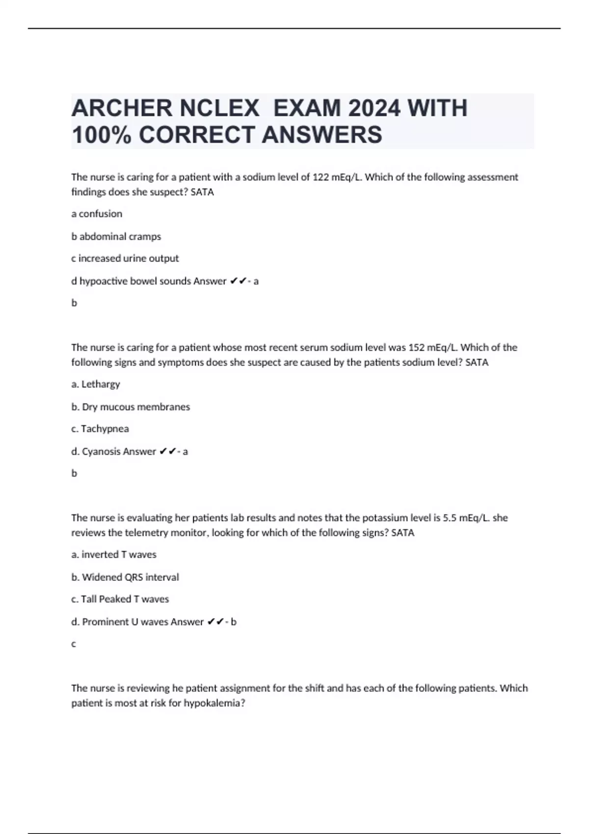 ARCHER NCLEX EXAM 2024 WITH 100% CORRECT ANSWERS - ARCHER NCLEX - Stuvia US