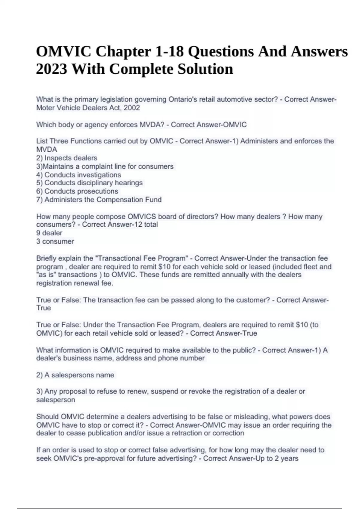 OMVIC Chapter 1-18 Questions And Answers 2023 With Complete Solution ...