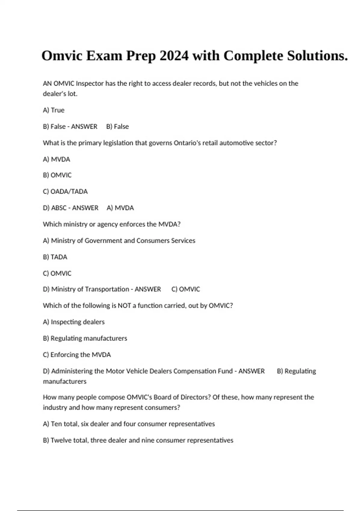 Omvic Exam Prep 2024 with Complete Solutions. - Omvic - Stuvia US