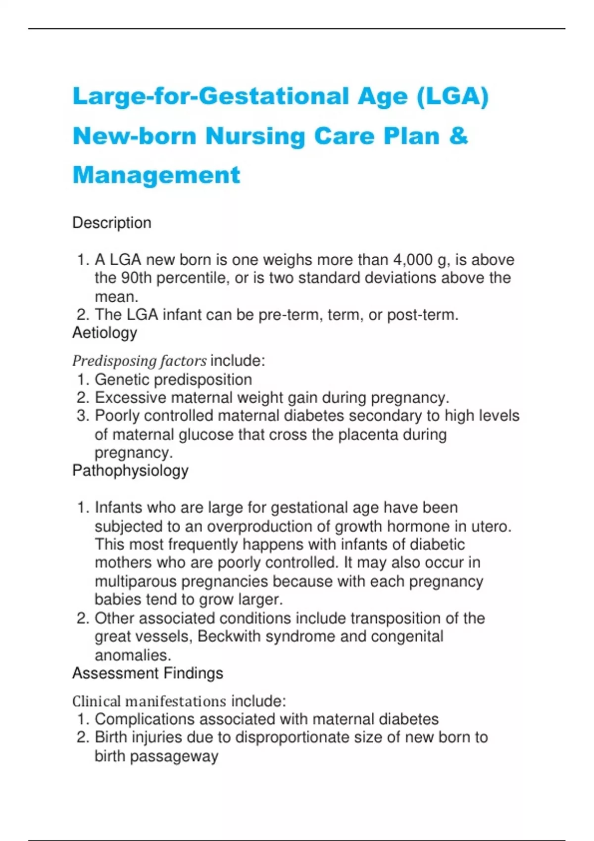 Summary Large-for-Gestational Age (LGA) Newborn Nursing Care Plan ...