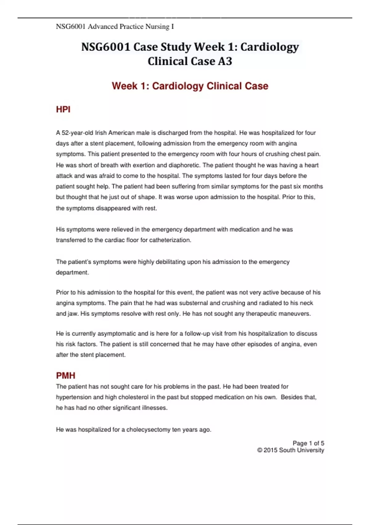 NSG6001 Advanced Practice Nursing South University Case Study Week 1 ...