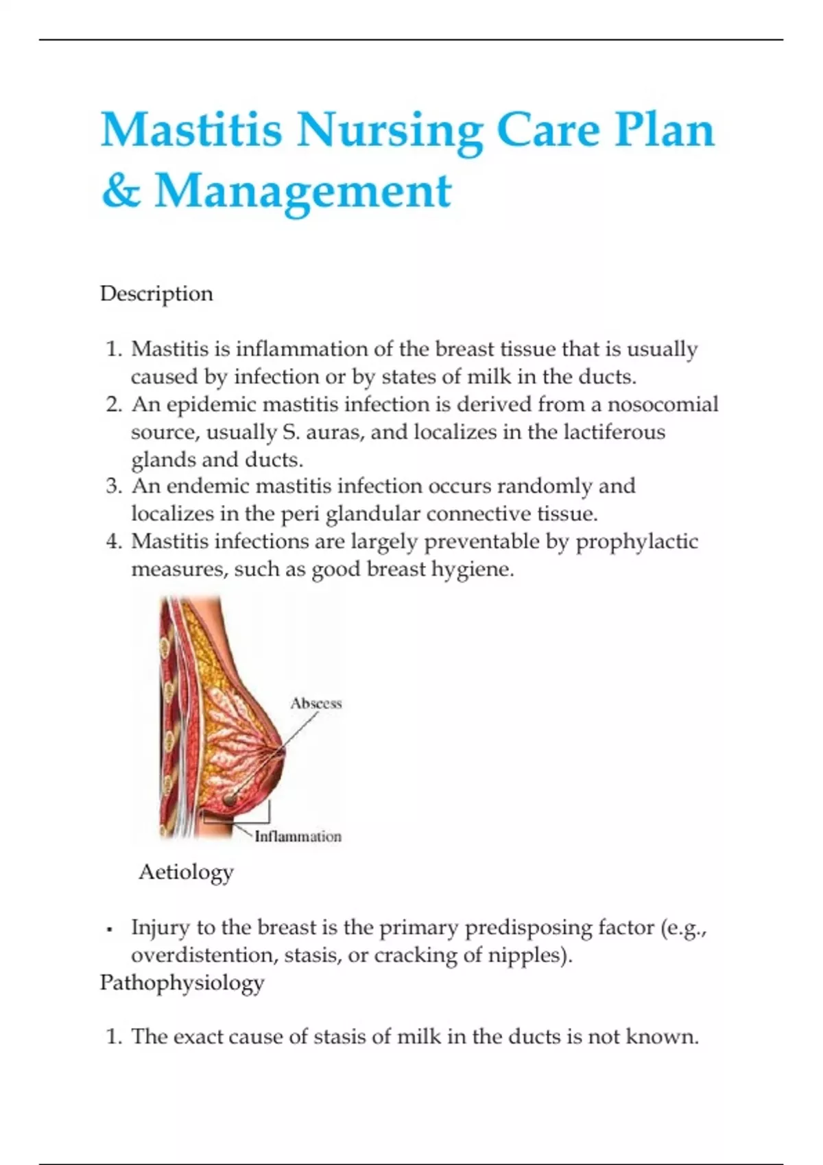 Summary Mastitis Nursing Care Plan.pdf - Maternal and Child Nursing - Stuvia US