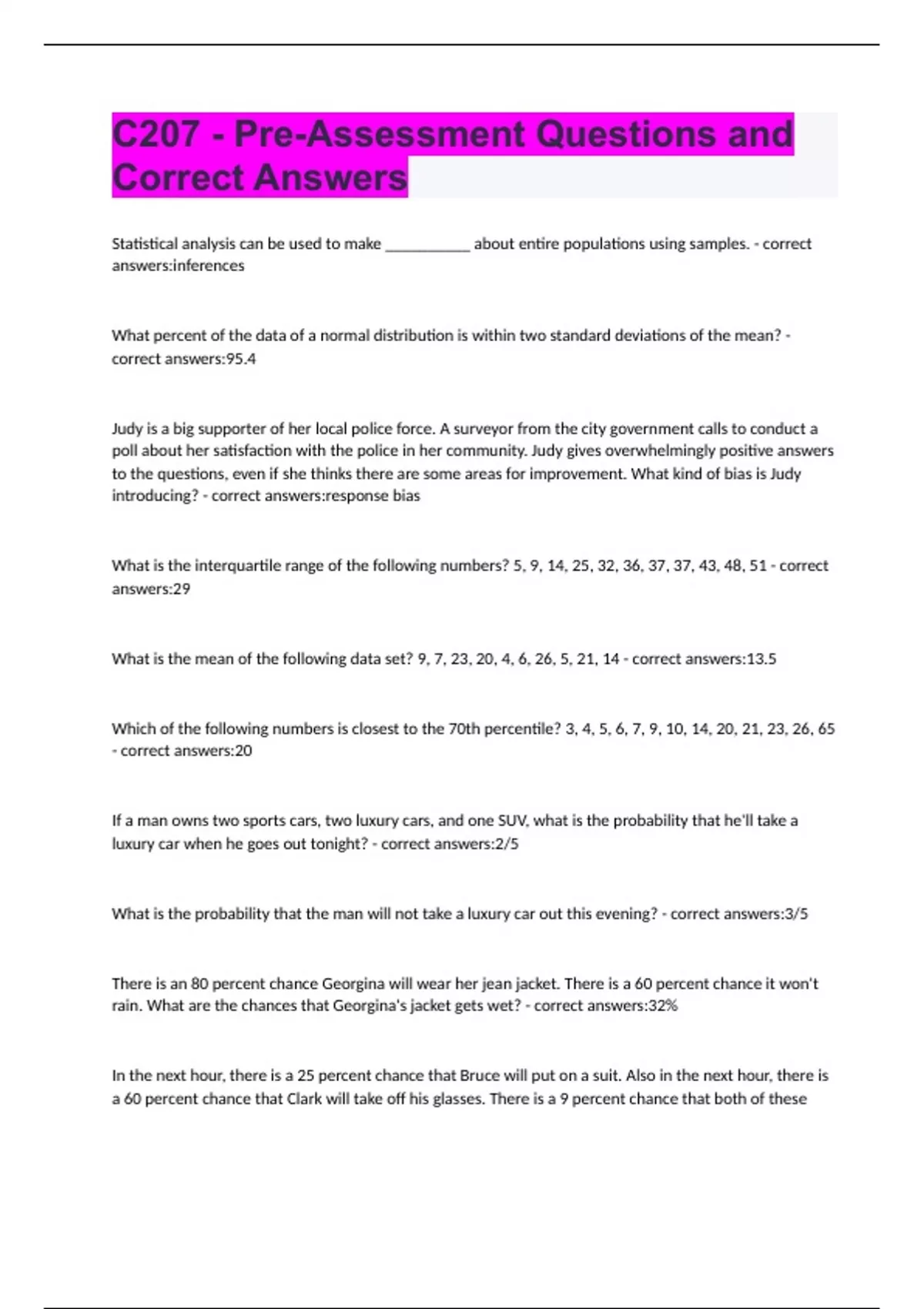 C207 - Pre-Assessment Questions and Correct Answers - WGU C207 - Stuvia US