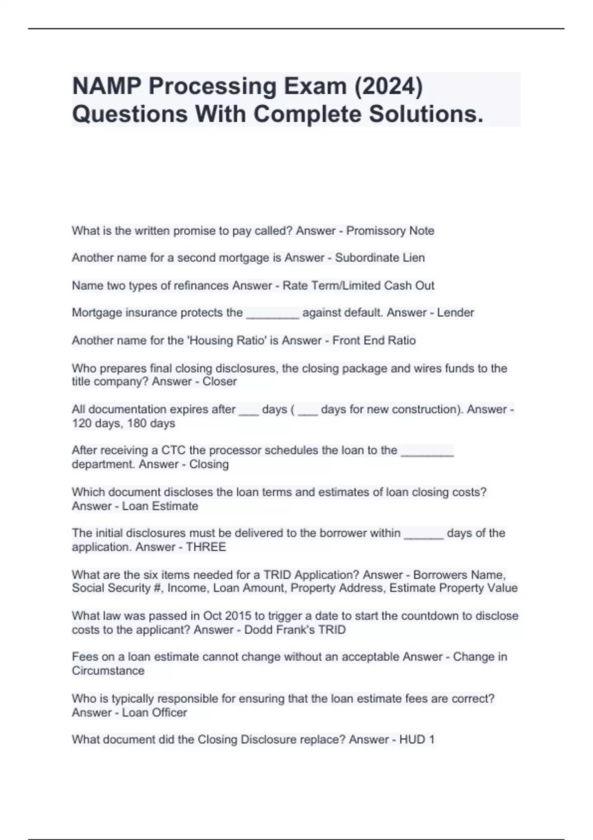 NAMP Processing Exam (2024) Questions With Complete Solutions. - NAMP - Stuvia US