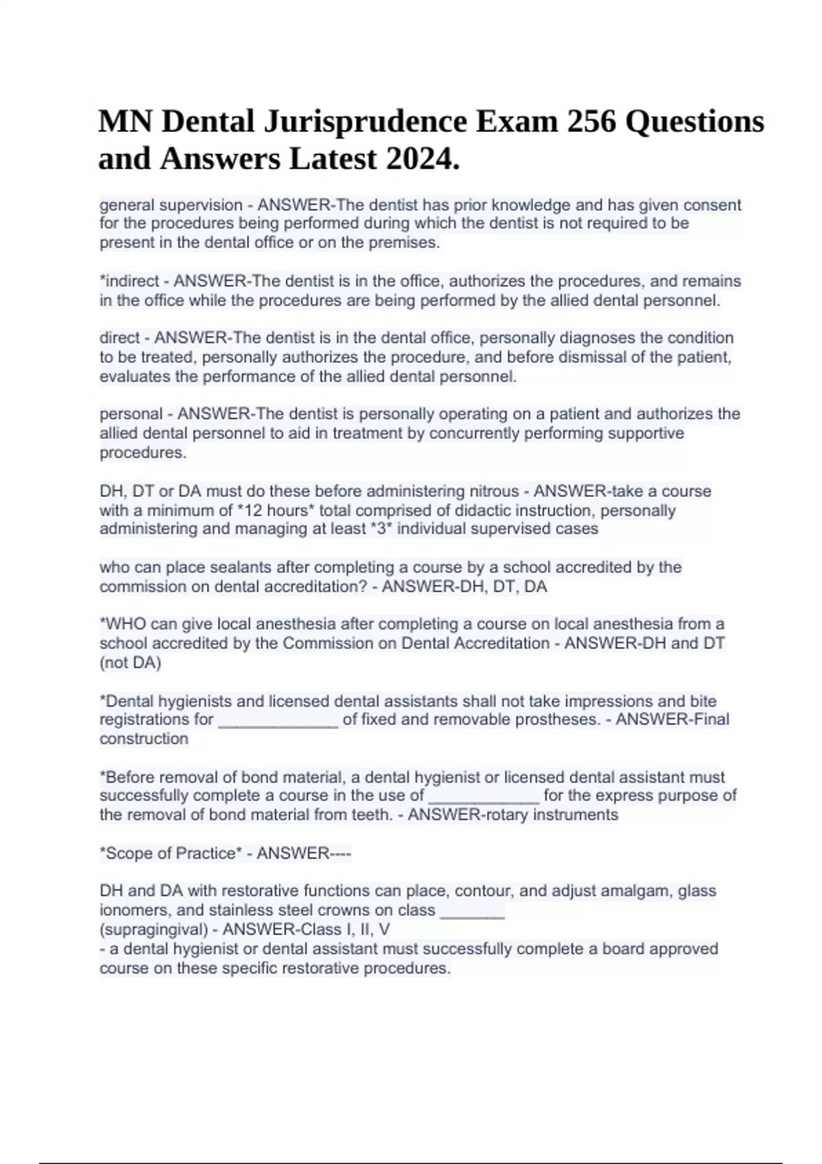 MN Dental Jurisprudence Exam 256 Questions and Answers Latest 2024 ...