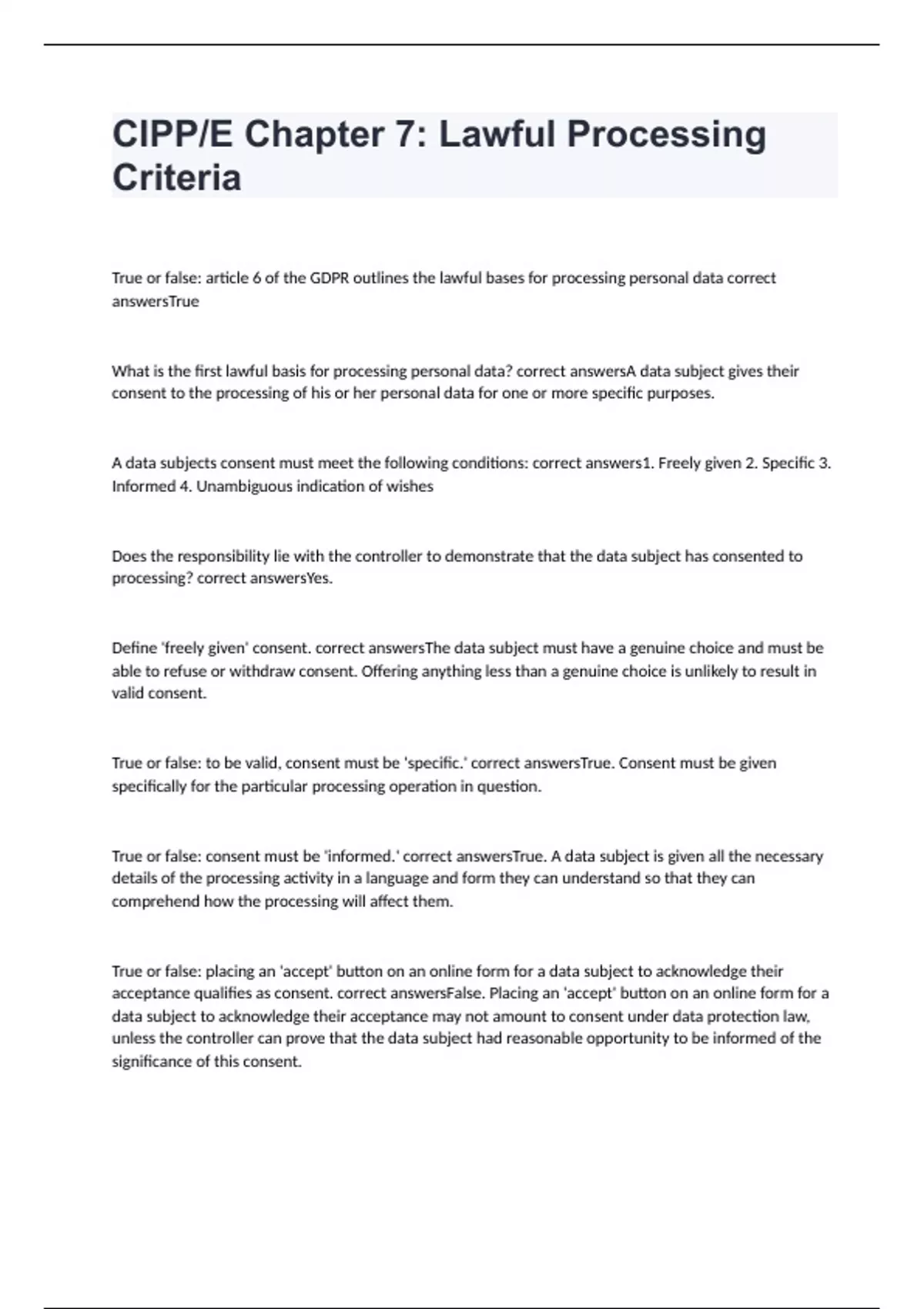 CIPP/E Chapter 7: Lawful Processing Criteria exam 2024 with verified ...