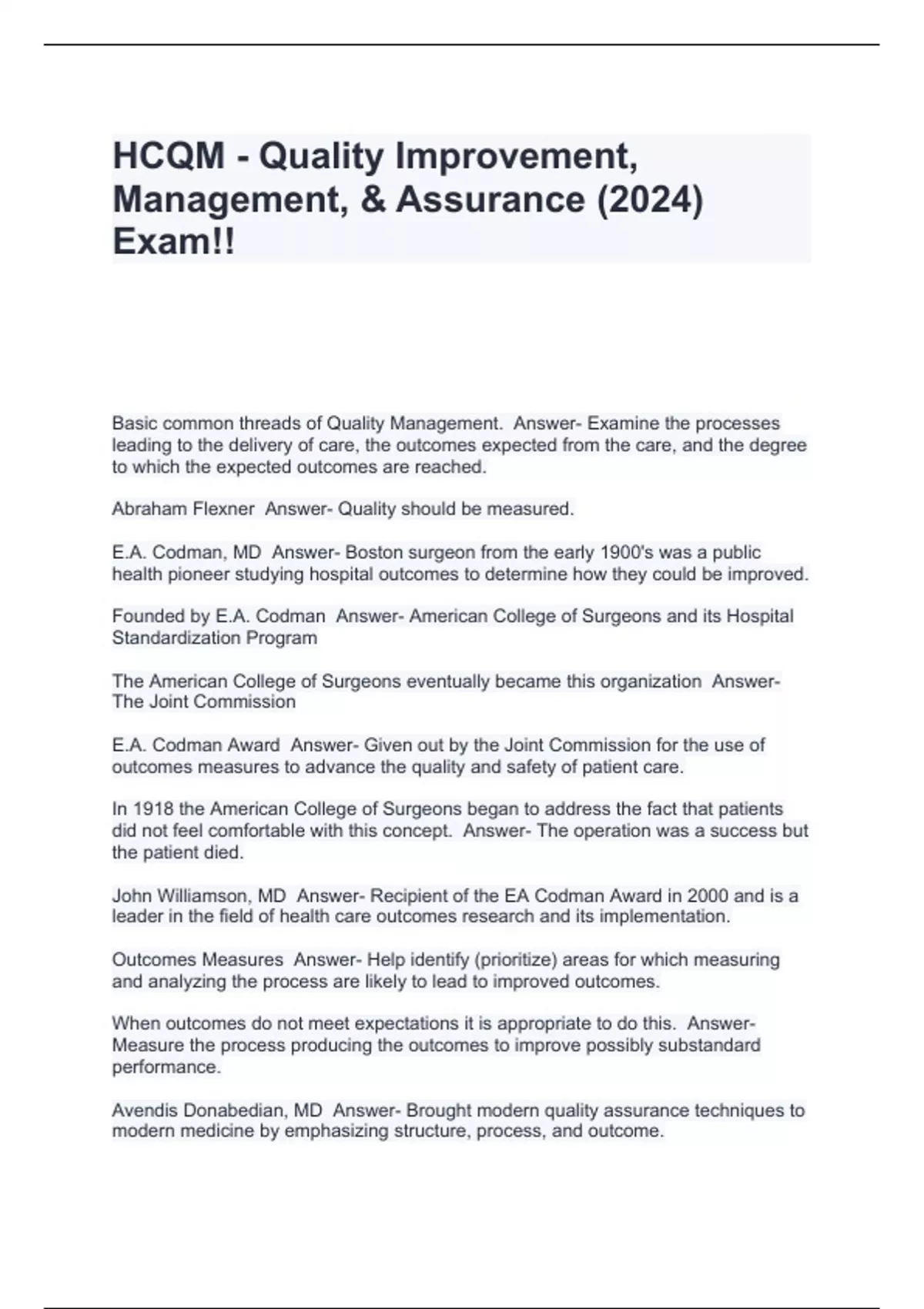 HCQM - Quality Improvement, Management, & Assurance (2024) Exam ...