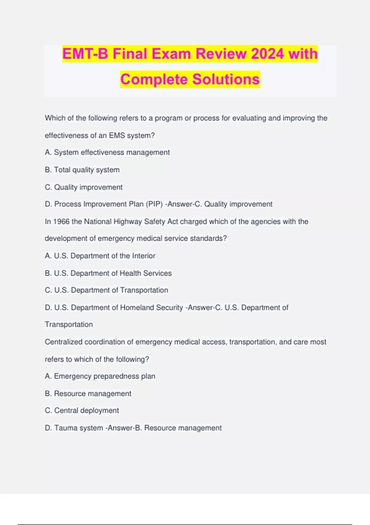 EMT-B Final Exam Review 2024 with Complete Solutions - EMT-Basic - Stuvia US