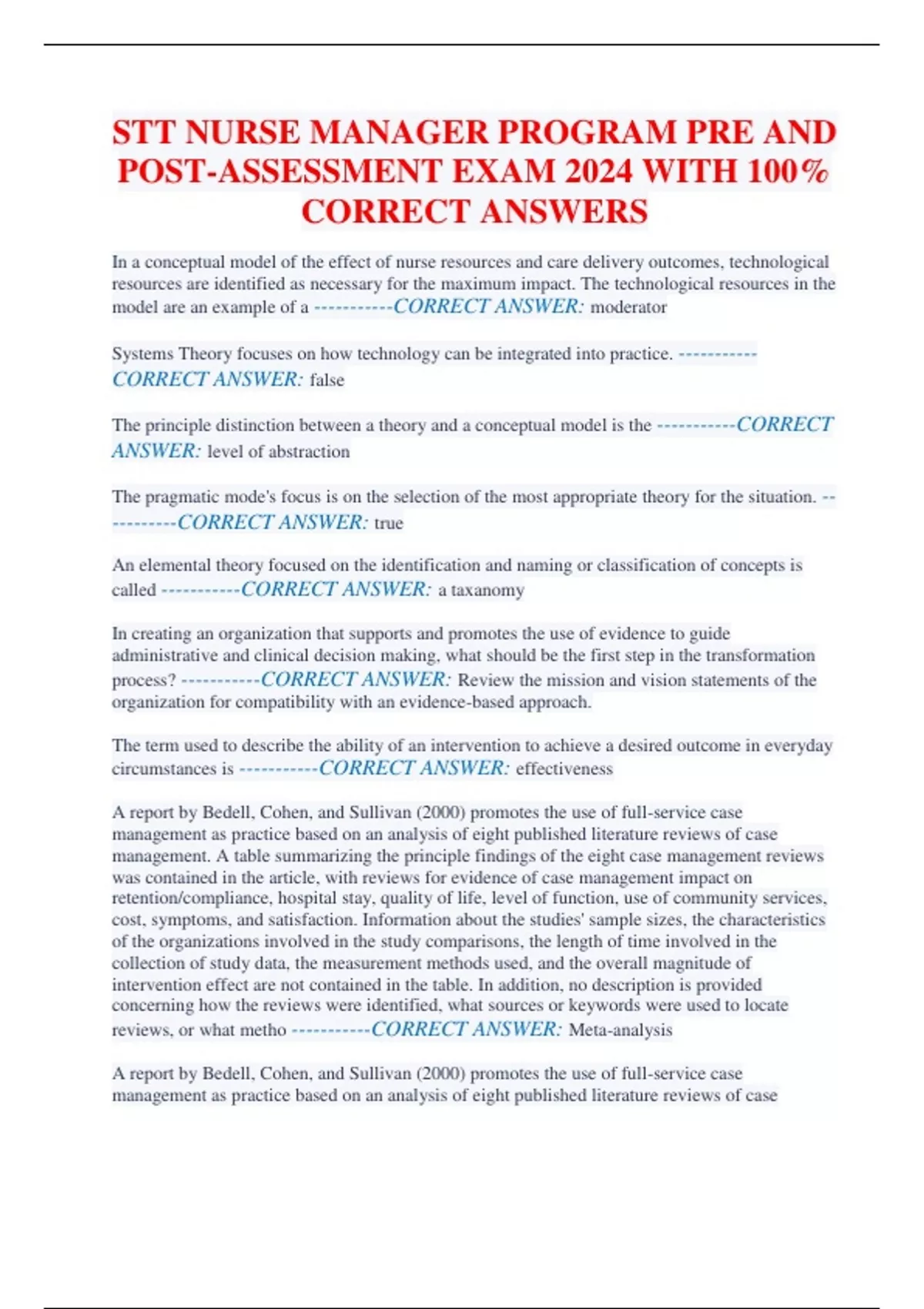 STT NURSE MANAGER PROGRAM PRE AND POST-ASSESSMENT EXAM 2024 WITH 100% CORRECT ANSWERS - STT ...