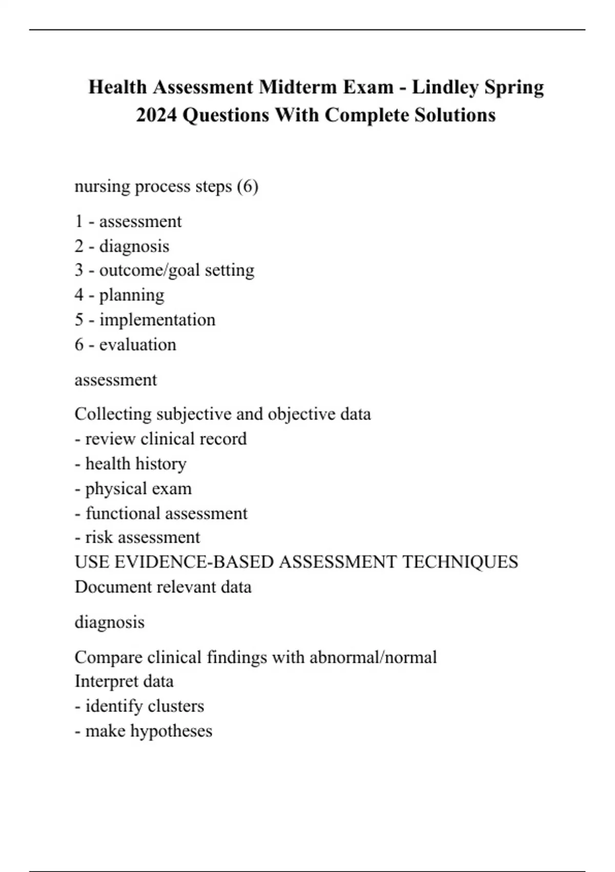 Health Assessment Midterm Exam - Lindley Spring 2024 Questions With Complete Solutions ...