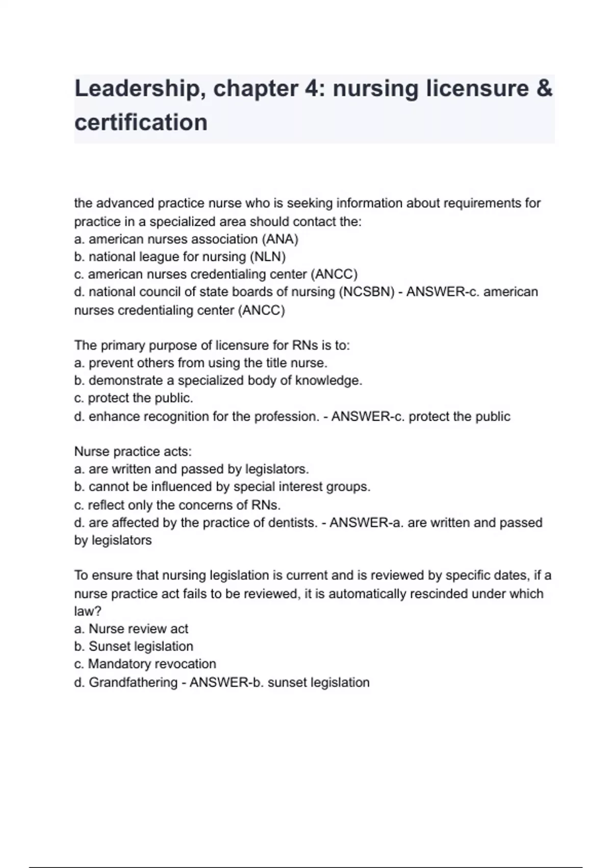 Leadership, chapter 4: nursing licensure & certification - Leadership ...