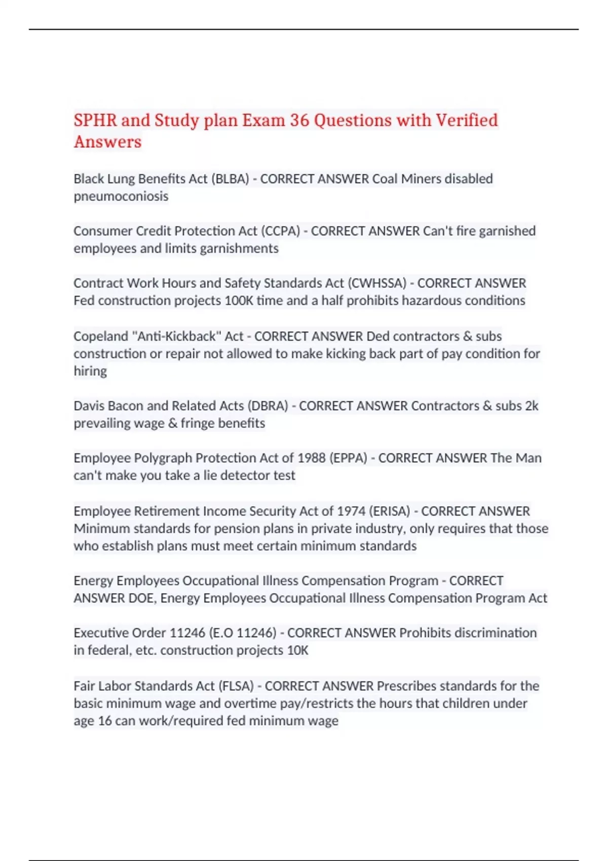 SPHR and Study plan Exam 36 Questions with Verified Answers,100% CORRECT - SPHR and Study plan ...