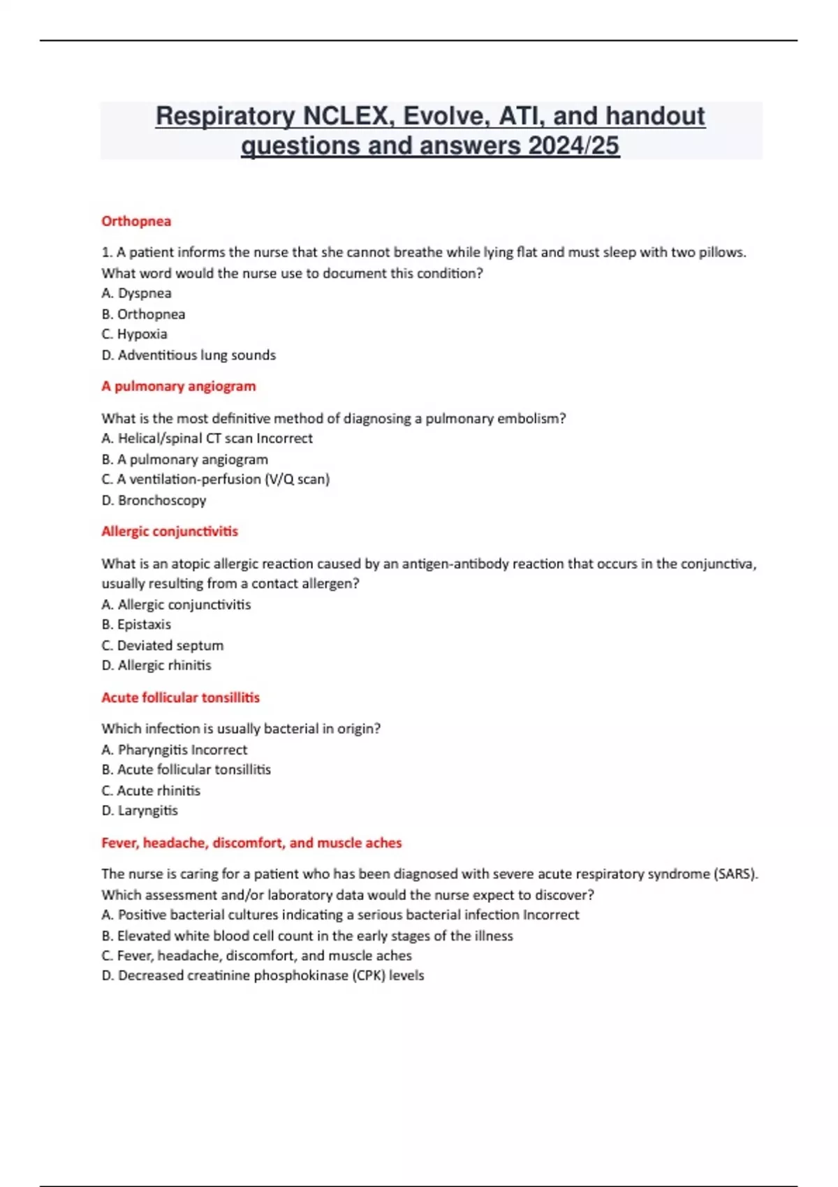 Respiratory NCLEX, Evolve, ATI, and handout questions and answers 2024/ ...