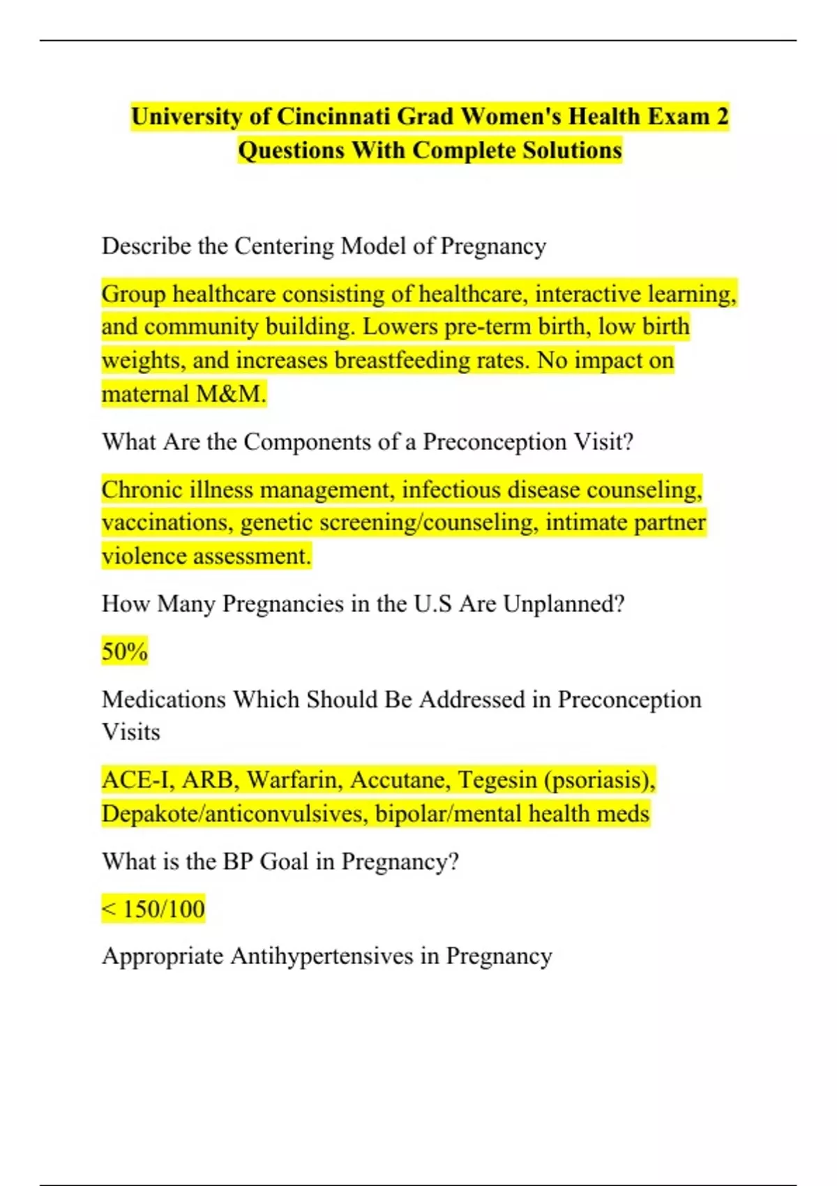 University of Cincinnati Grad Women's Health Exam 2 Questions With ...