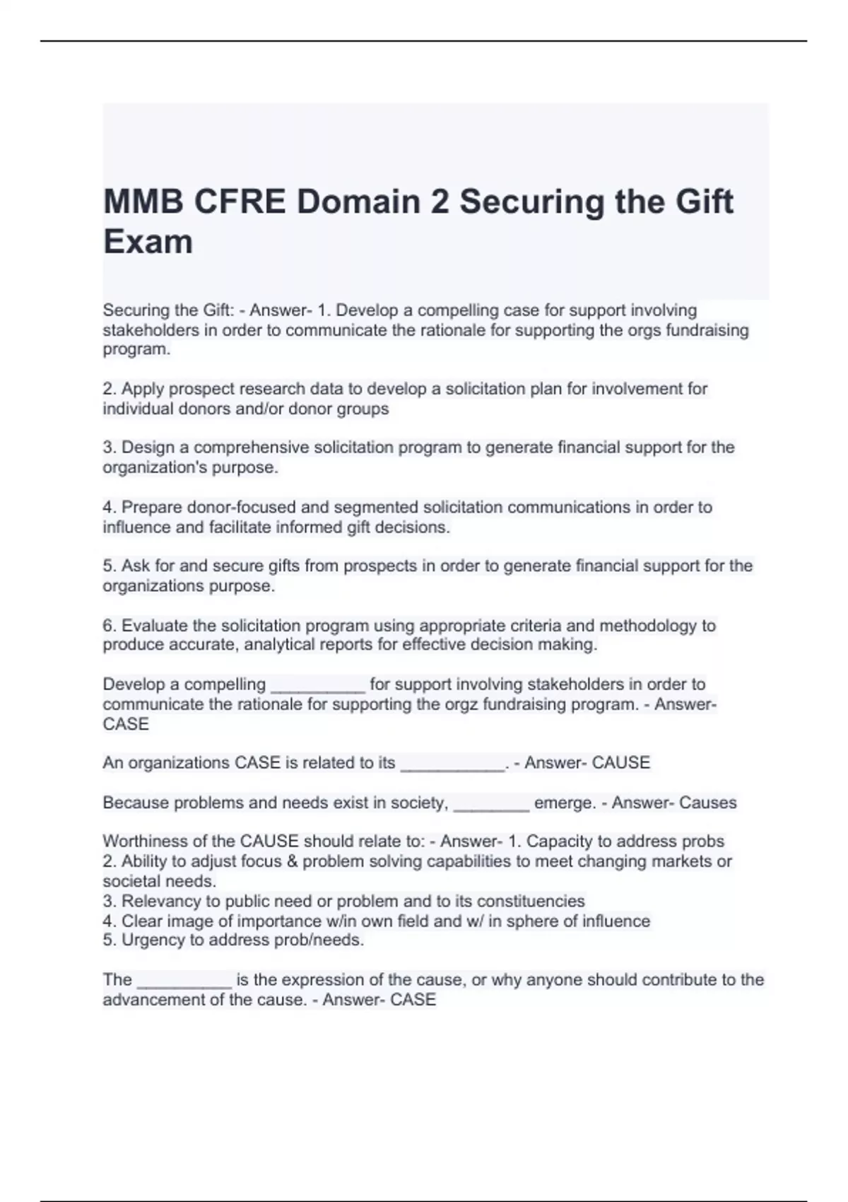 MMB CFRE Domain 2 Securing the Gift Exam Questions with correct Answers ...