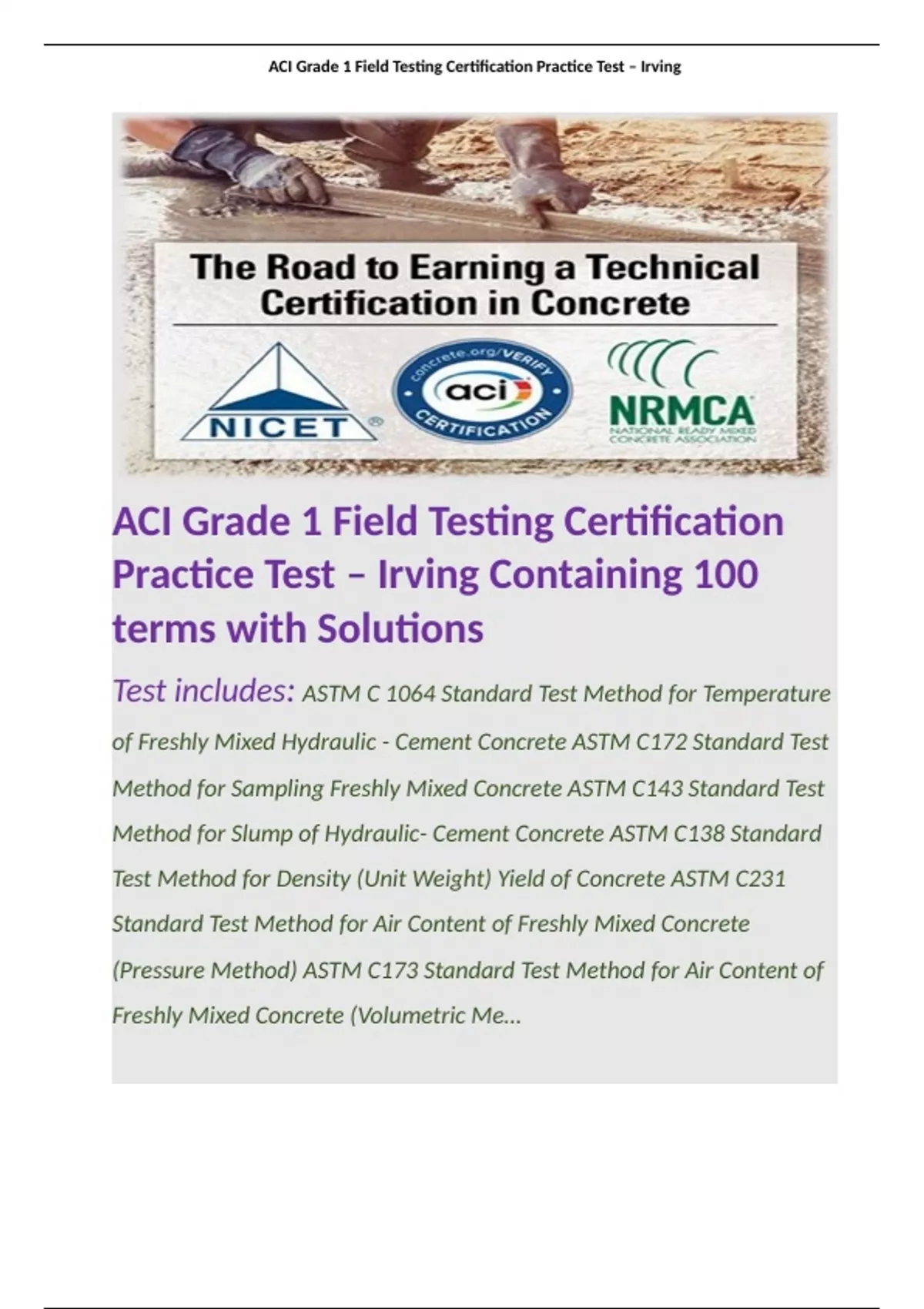 ACI Grade 1 Field Testing Certification Practice Test – Irving ...