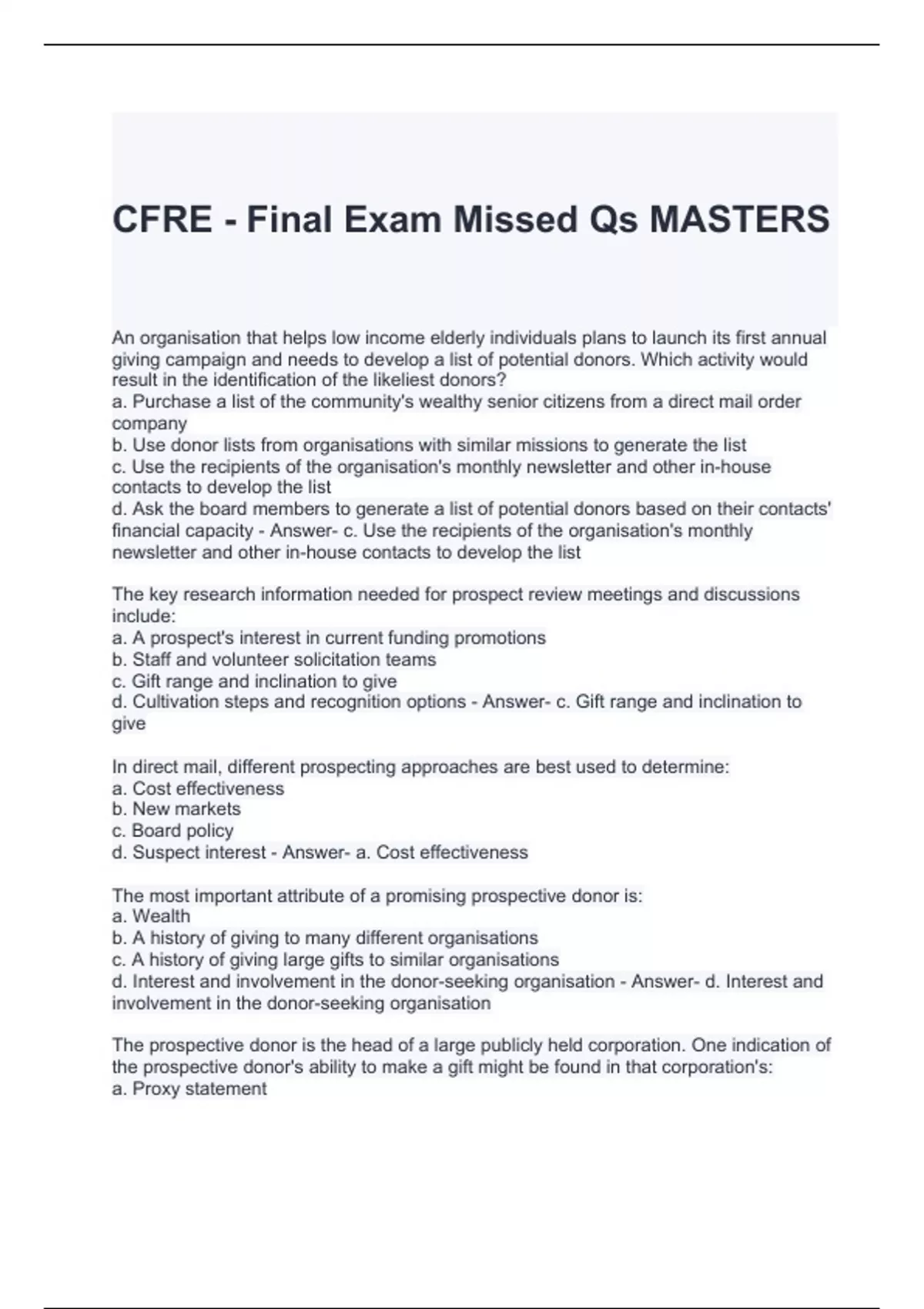 CFRE - Final Exam Missed Qs MASTERS with correct Answers - CFRE - Stuvia US