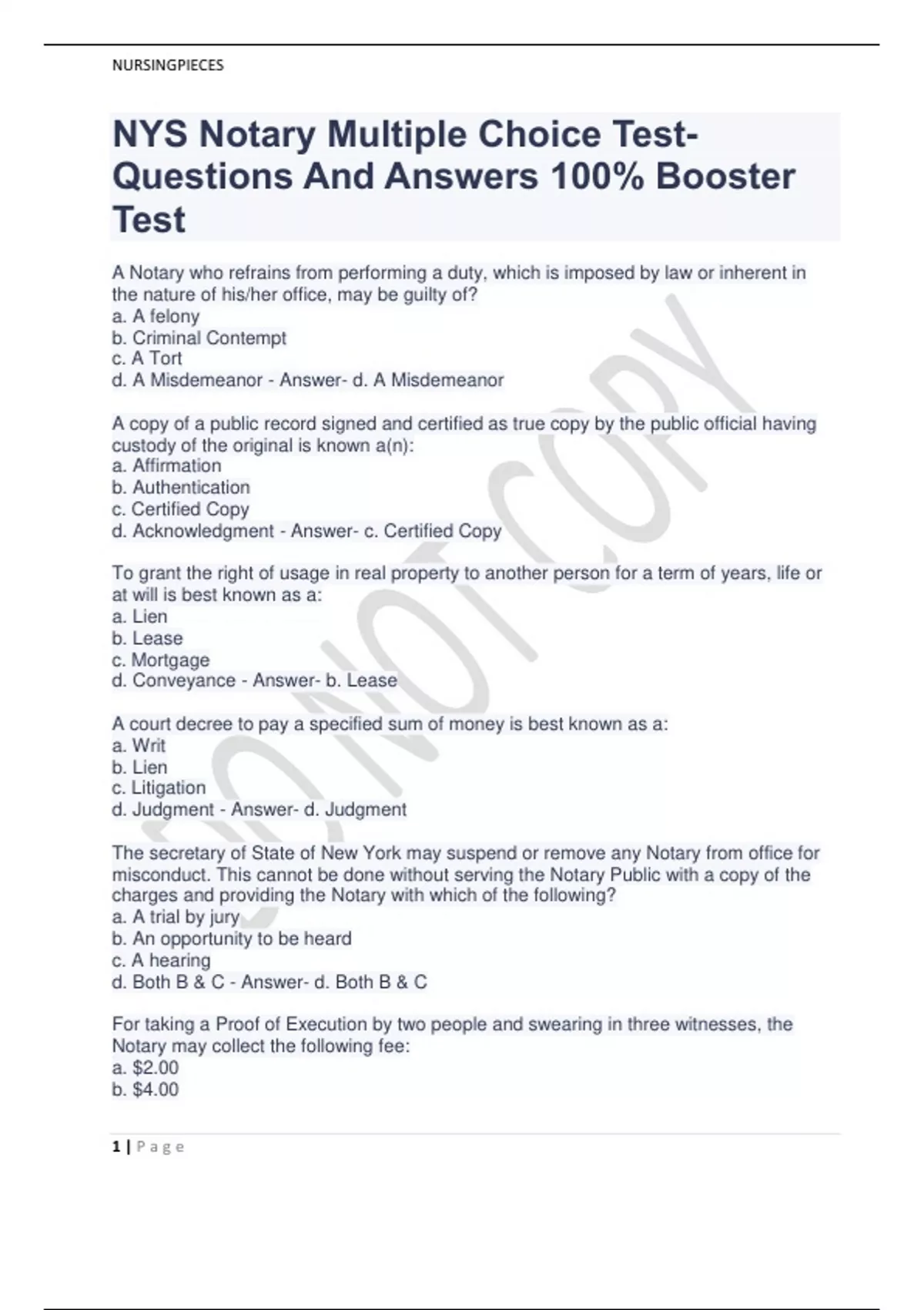 NYS Notary Multiple Choice Test-Questions And Answers 100% Booster Test ...