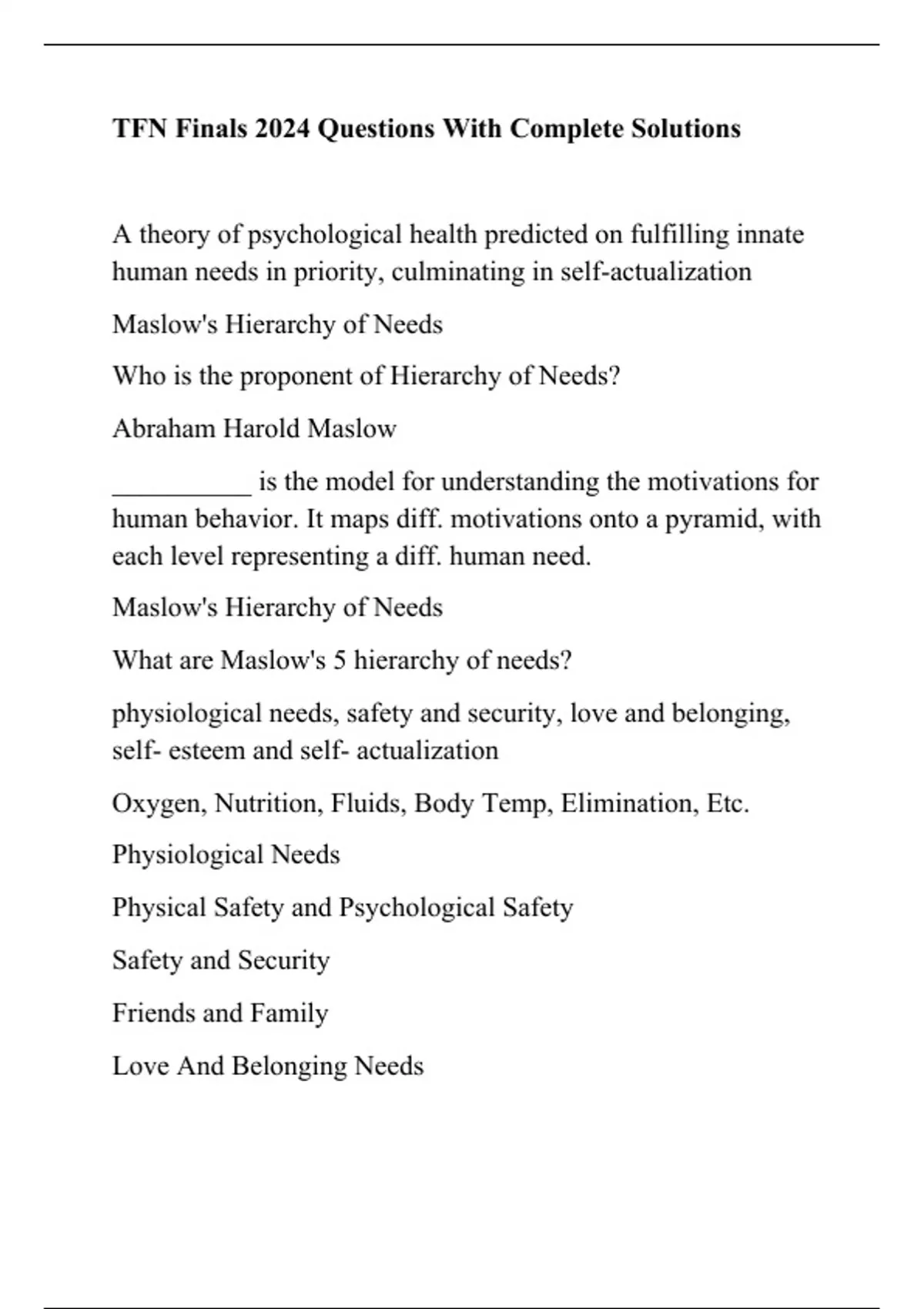 TFN Finals 2024 Questions With Complete Solutions - TFN - Stuvia US