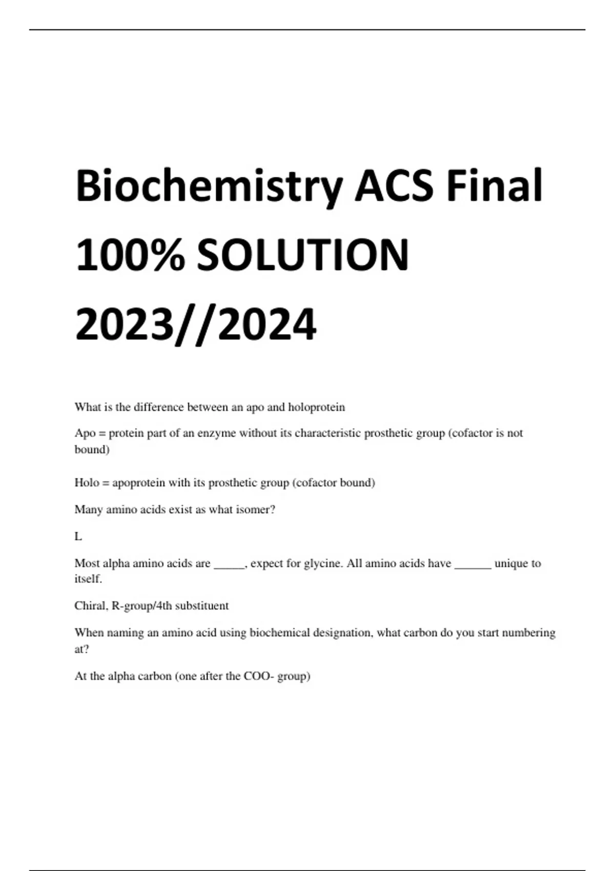 Biochemistry ACS Final 100% SOLUTION 2023//2024 - Biochemistry ACS ...