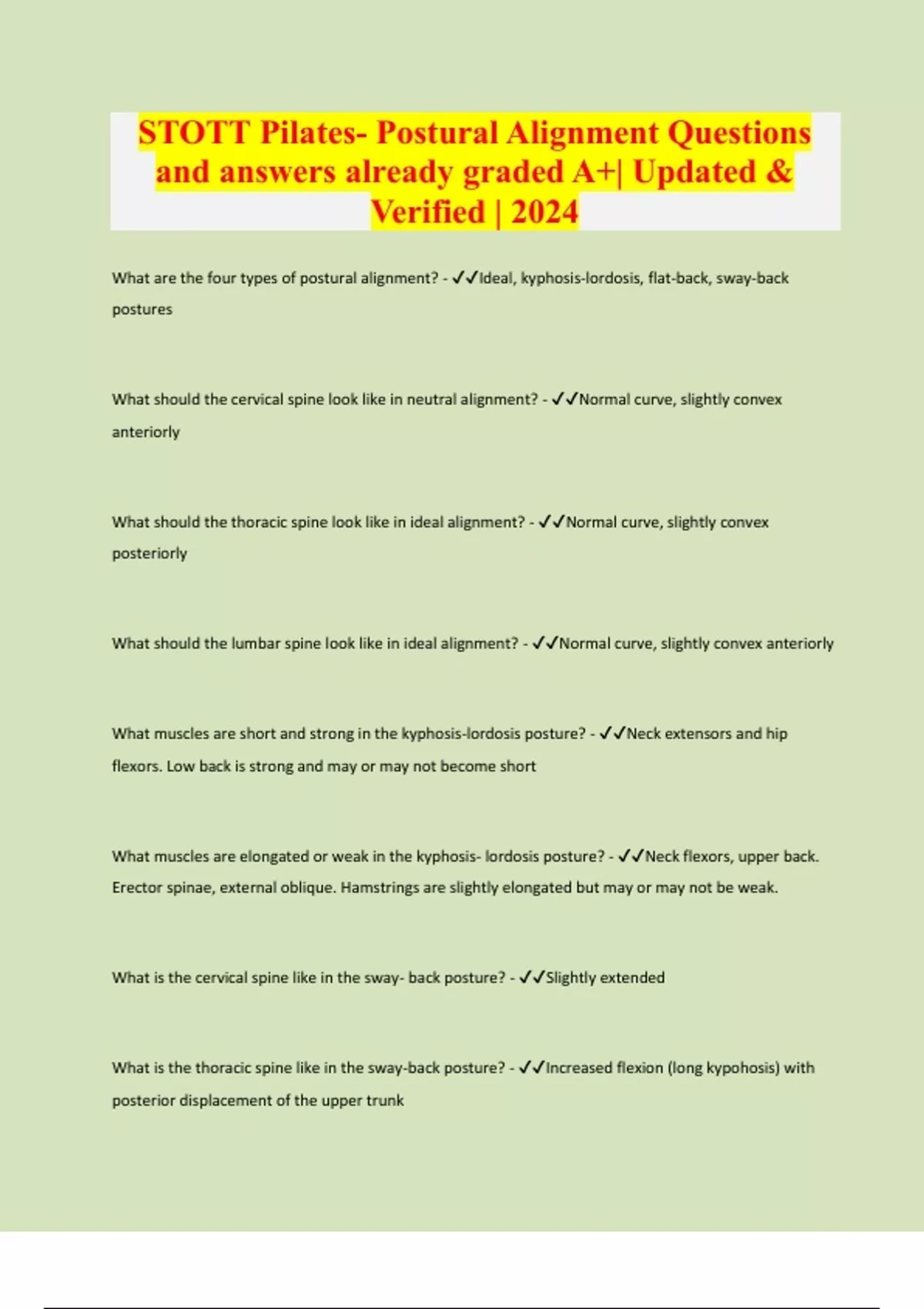 STOTT Pilates- Postural Alignment Questions and answers already graded ...