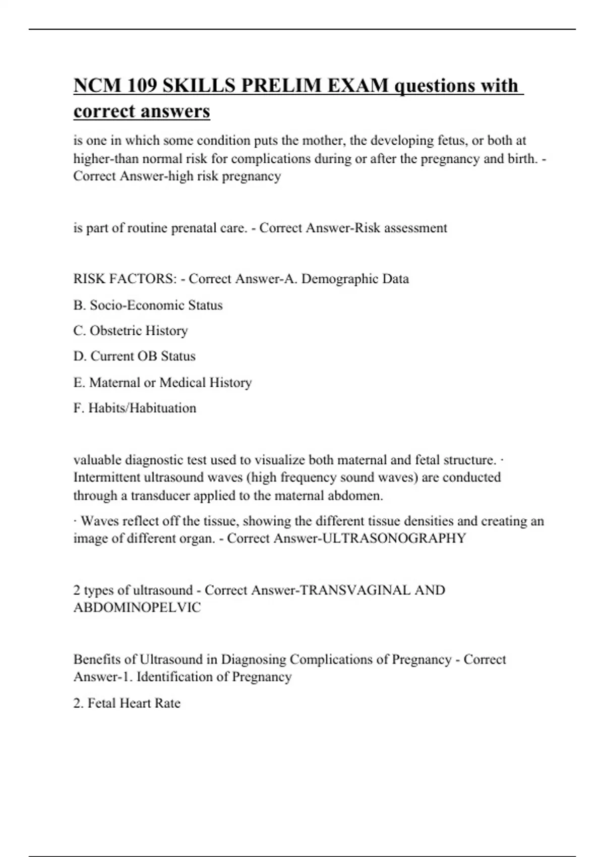 NCM 109 SKILLS PRELIM EXAM questions with correct answers - NCM 109 - Stuvia US