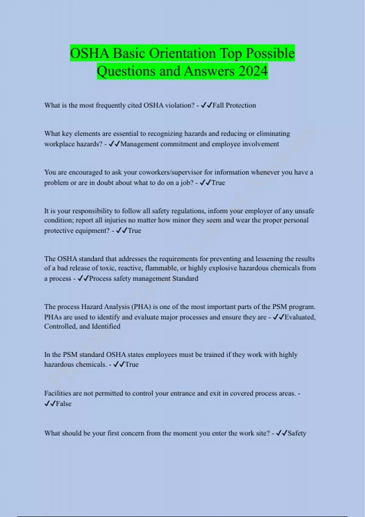 OSHA Basic Orientation Top Possible Questions and Answers 2024 - Osha - Stuvia US