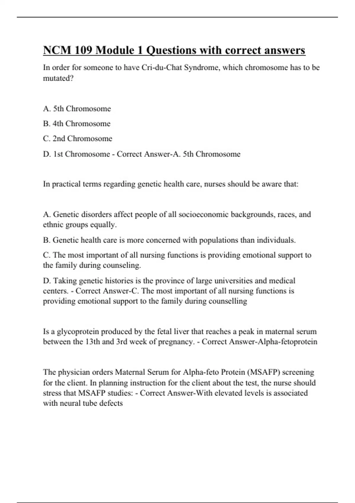 NCM 109 Module 1 Questions with correct answers - NCM 109 - Stuvia US