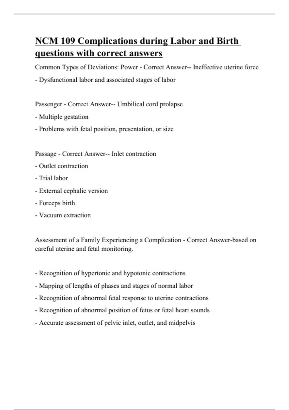 NCM 109 Complications during Labor and Birth questions with correct ...