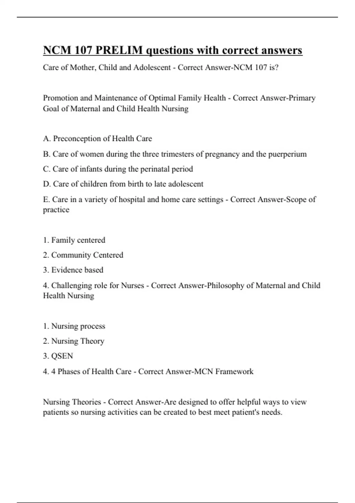 NCM 107 PRELIM questions with correct answers - NCM 107 - Stuvia US