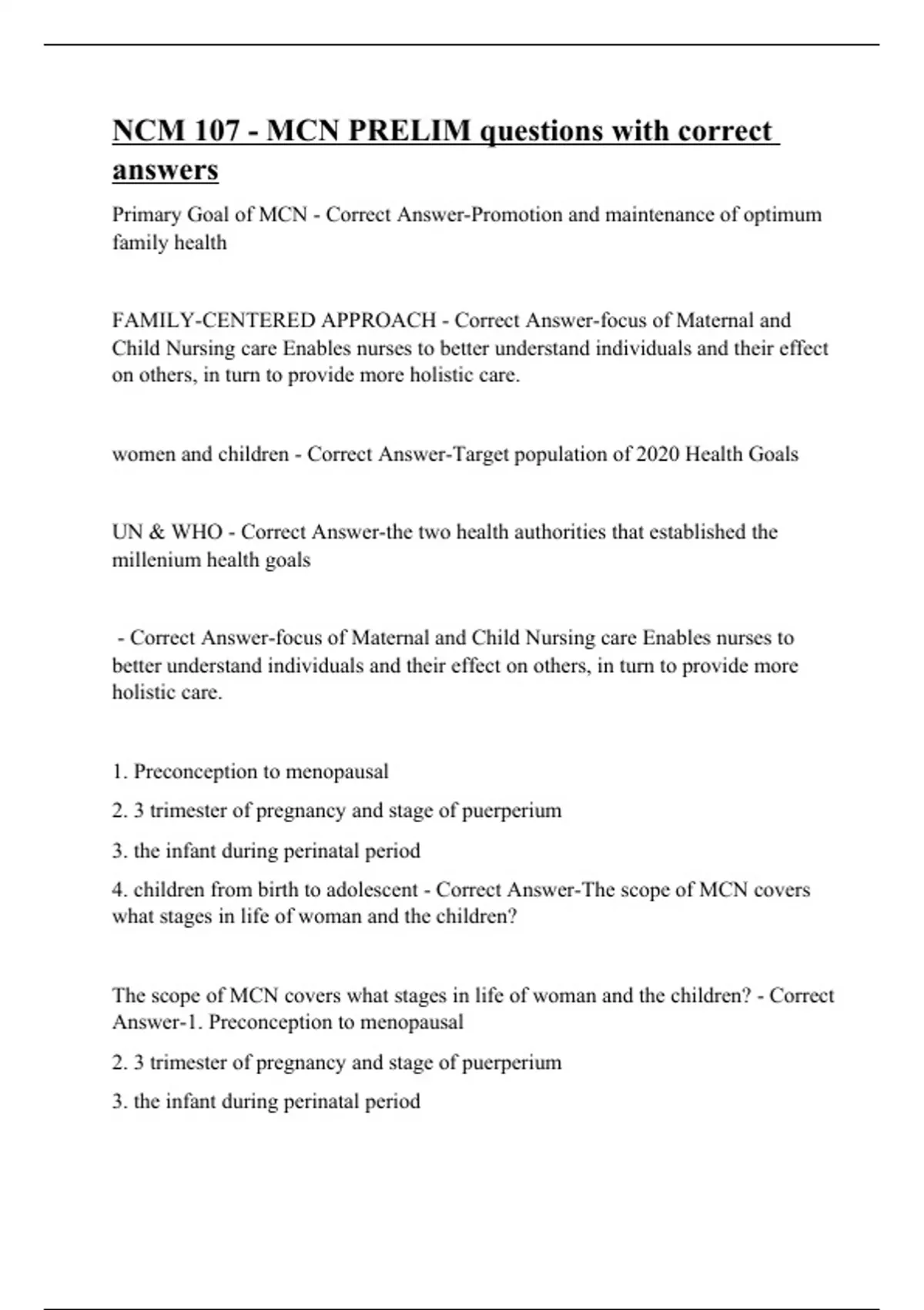 NCM 107 - MCN PRELIM questions with correct answers - NCM 107 - Stuvia US