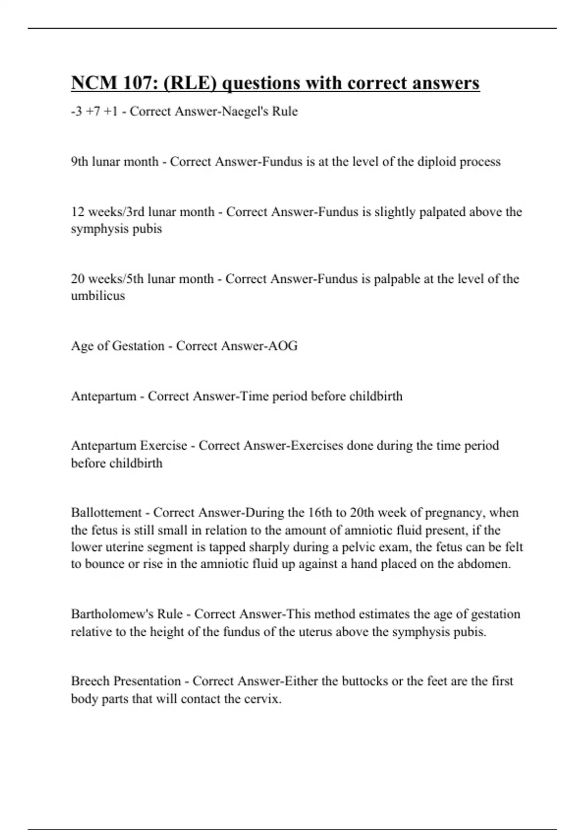 NCM 107: (RLE) questions with correct answers - NCM 107 - Stuvia US