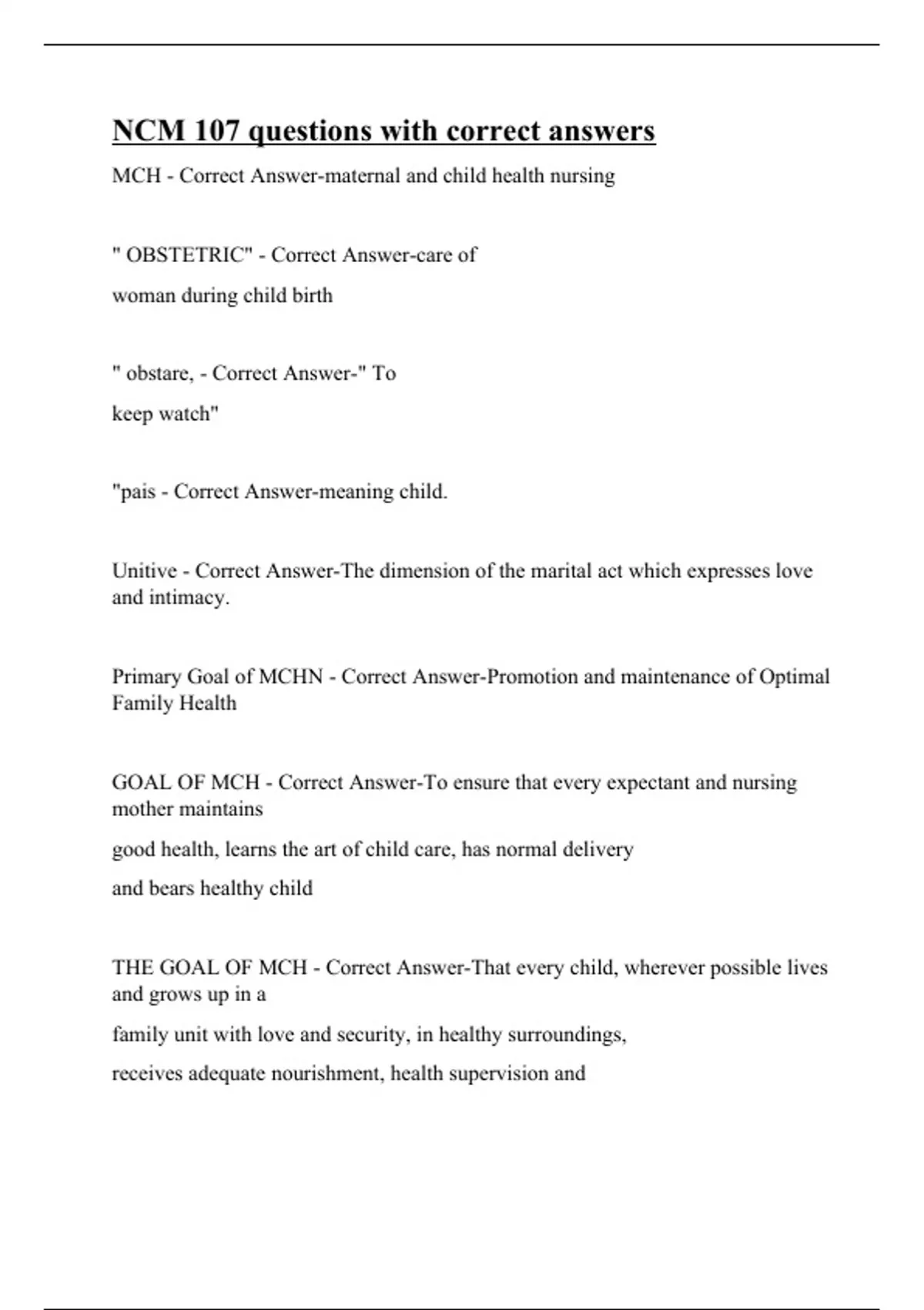 NCM 107 questions with correct answers - NCM 107 - Stuvia US