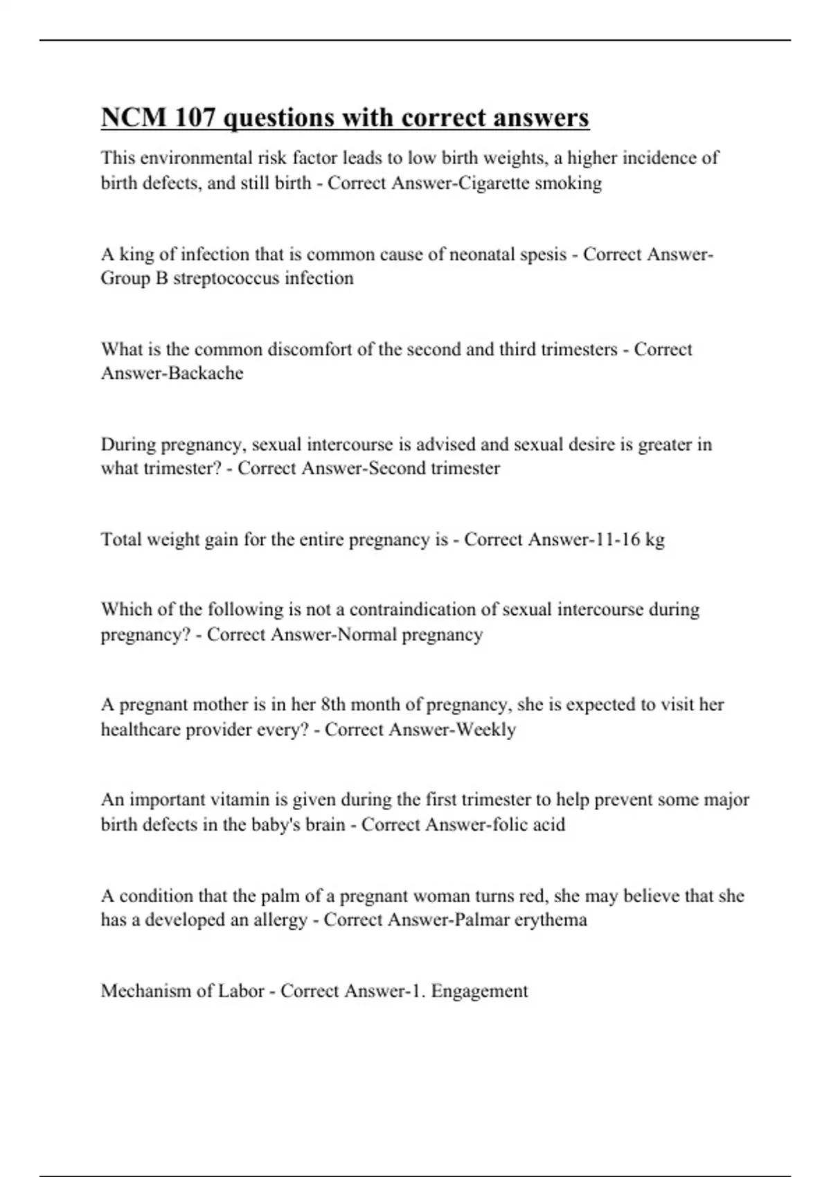 NCM 107 questions with correct answers - NCM 107 - Stuvia US