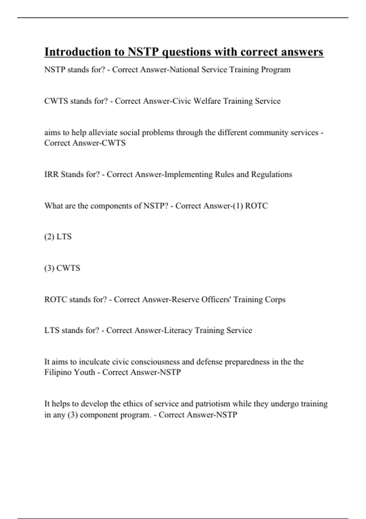 Introduction to NSTP questions with correct answers - Introduction to ...