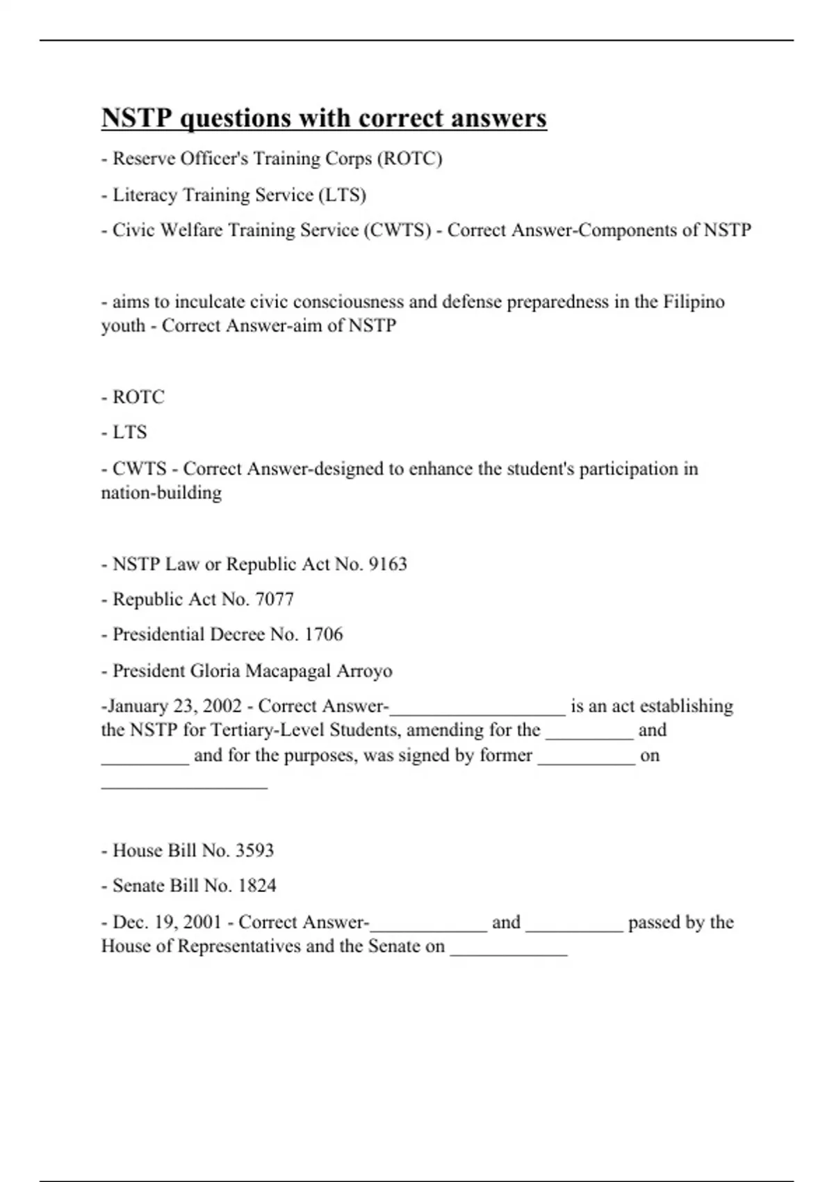 NSTP questions with correct answers - NSTP - Stuvia US