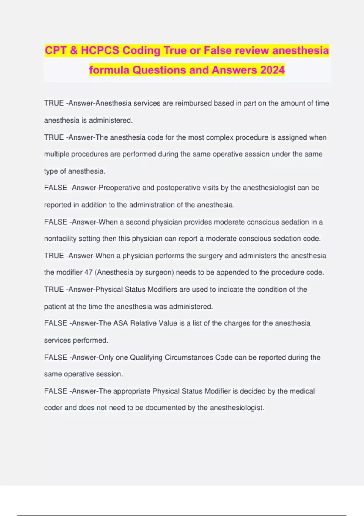 CPT & HCPCS Coding True or False review anesthesia formula Questions ...