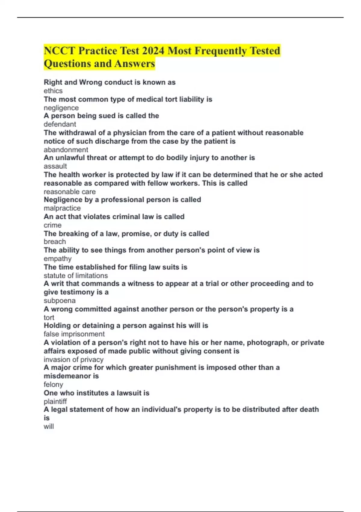 NCCT Practice Test 2024 Most Frequently Tested Questions and Answers ...