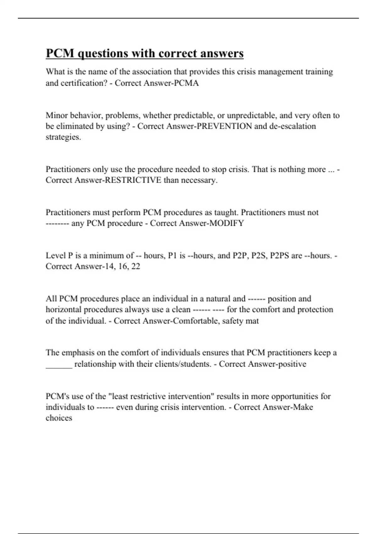 PCM questions with correct answers - PCM - Stuvia US