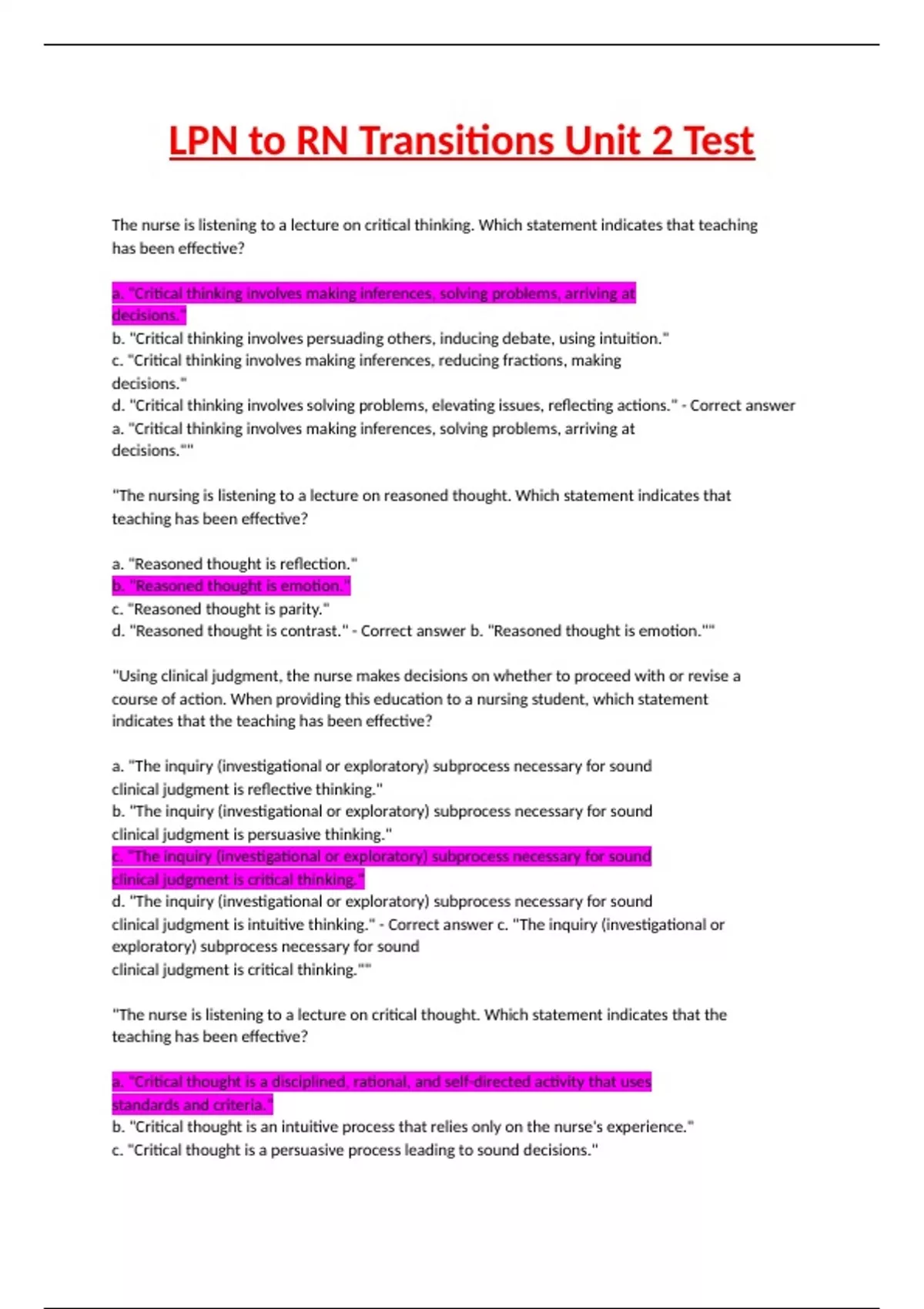 LPN to RN Transitions Unit 2 Test with correct and verified answers ...