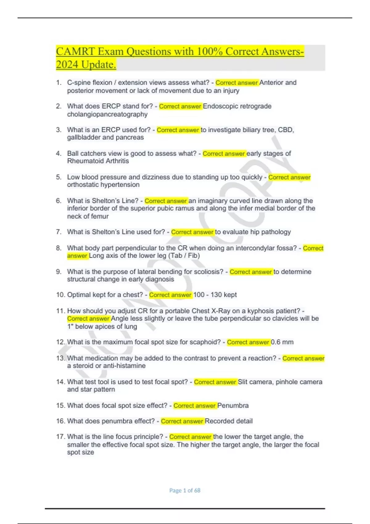 CAMRT Exam Questions with 100% Correct Answers-2024 Update - LMRT State ...