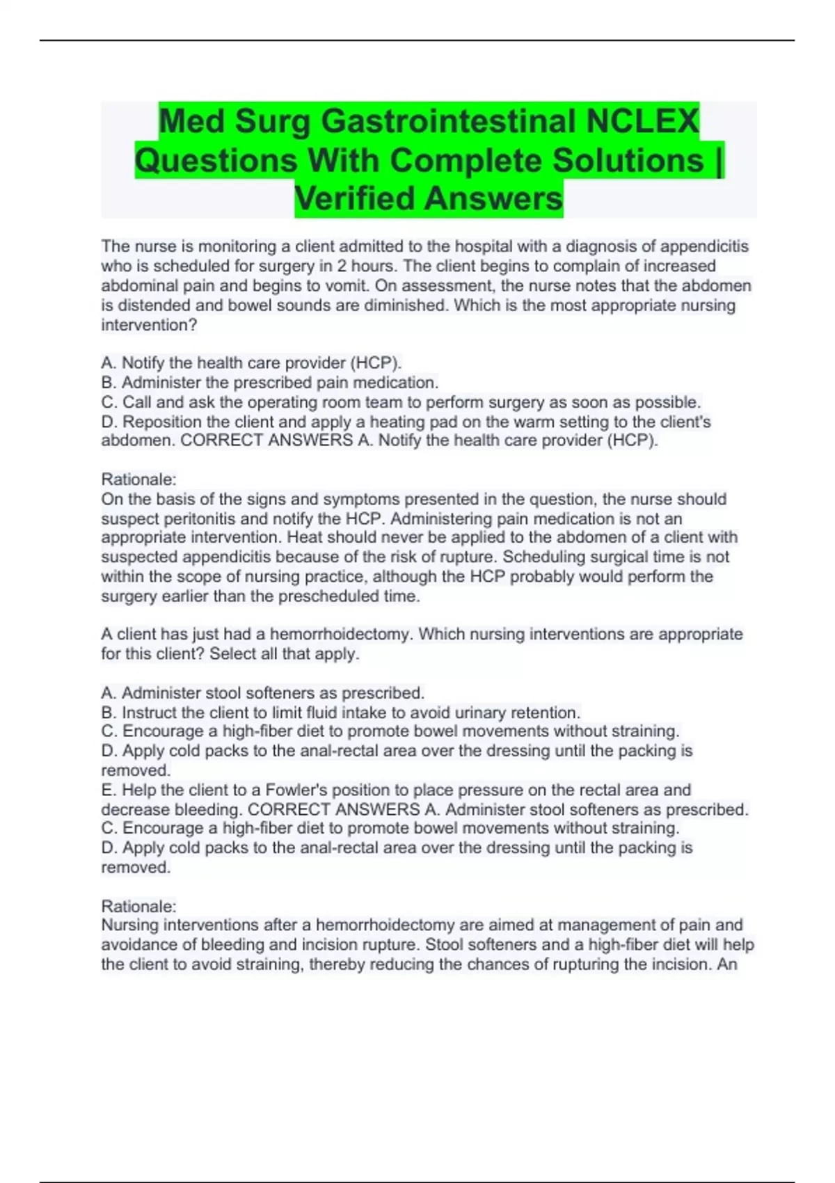 Med Surg Gastrointestinal NCLEX Questions With Complete Solutions ...